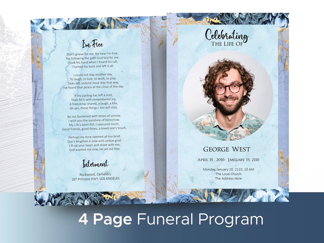 Printable Funeral Program for Men EASY TO EDIT Blue Floral Memorial ...