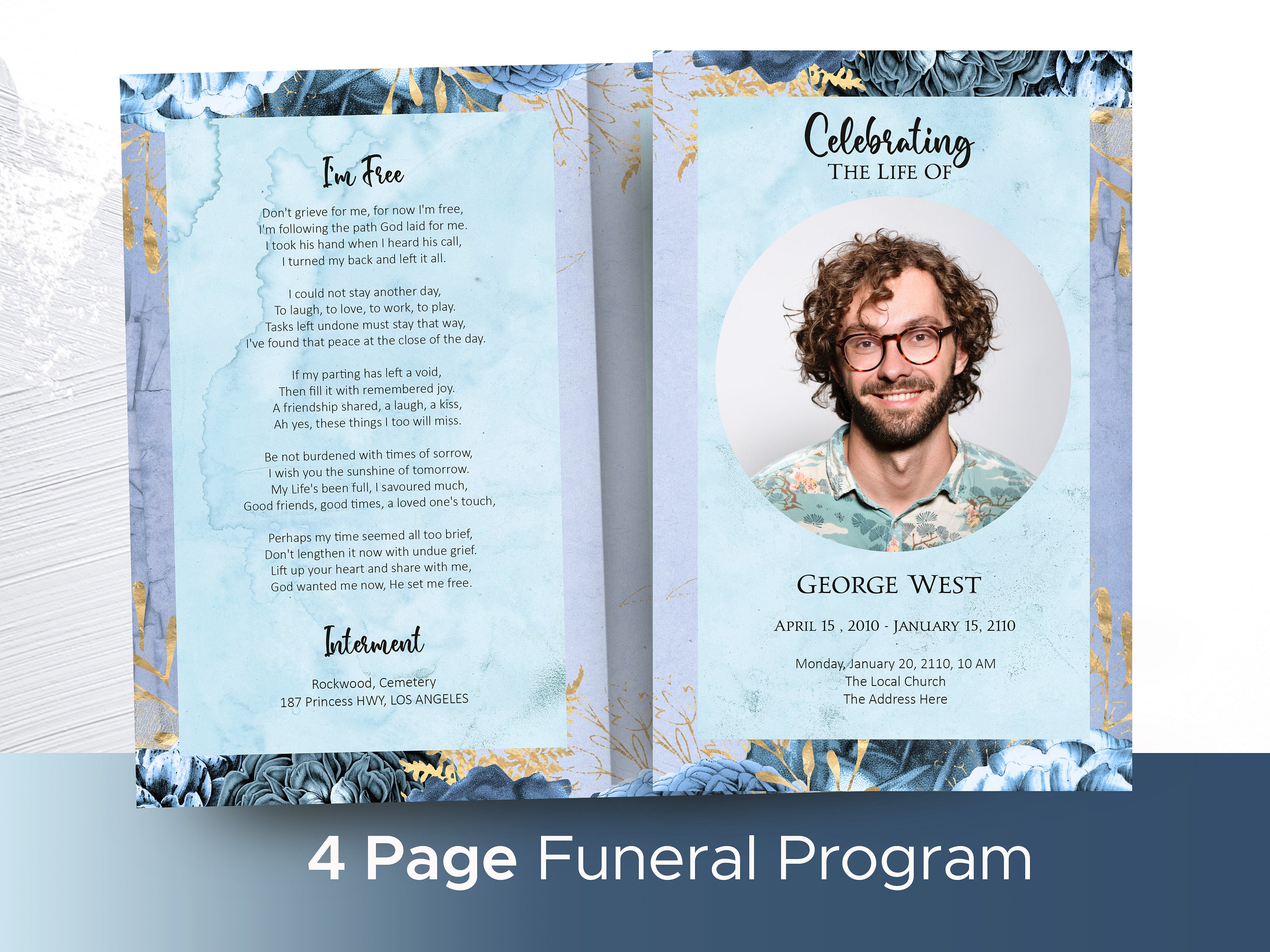Printable Funeral Program for Men EASY TO EDIT Blue Floral Memorial ...
