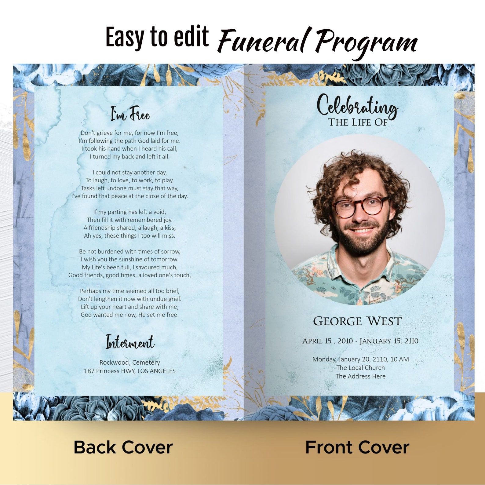 Printable Funeral Program for Men EASY TO EDIT Blue Floral Memorial ...