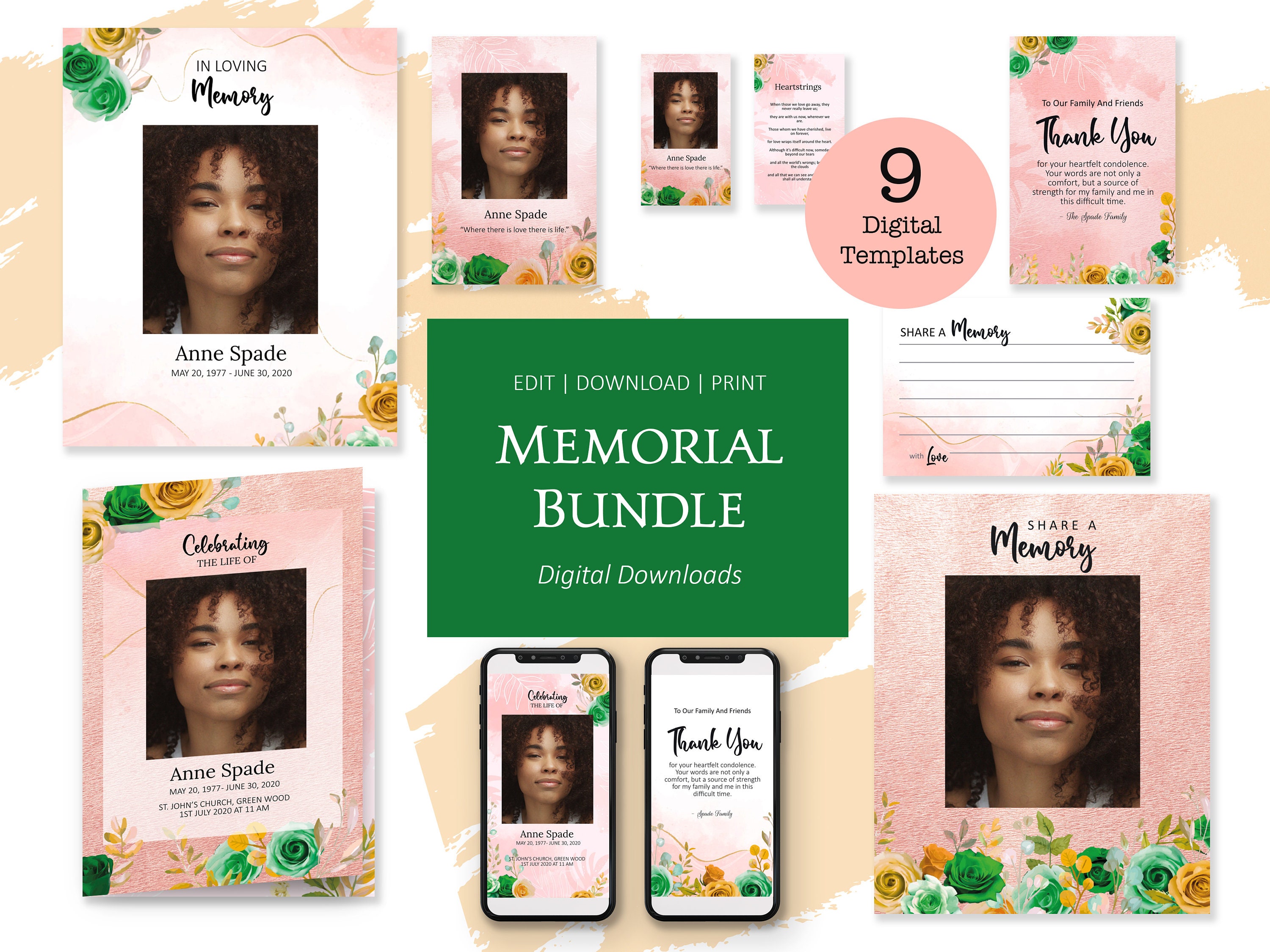 Printable Funeral Template Bundle Spring Theme Rose Gold Emerald Green ...