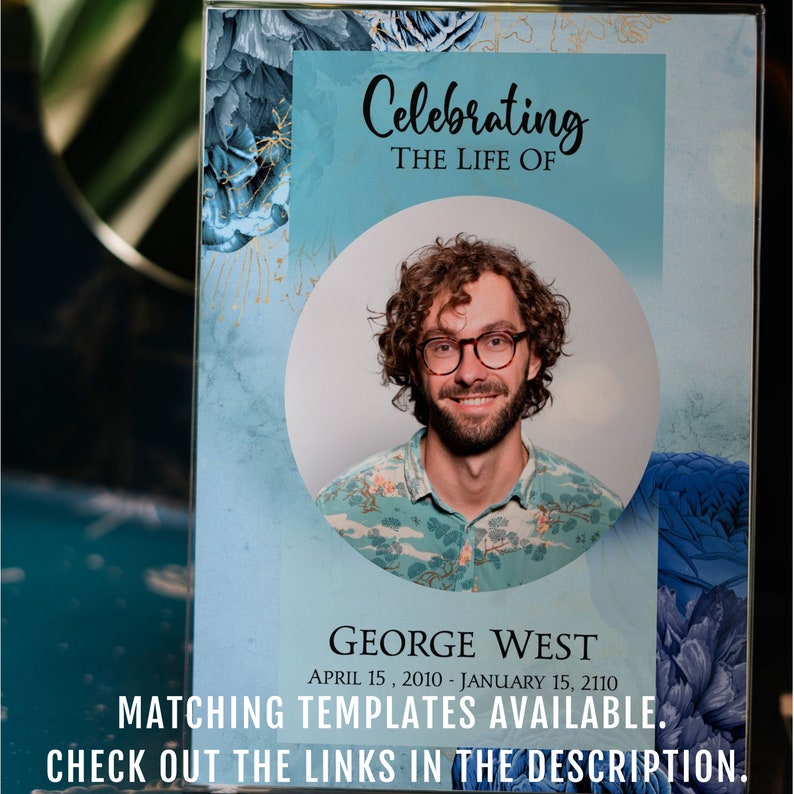 Printable Funeral Program for Men EASY TO EDIT Blue Floral Memorial ...