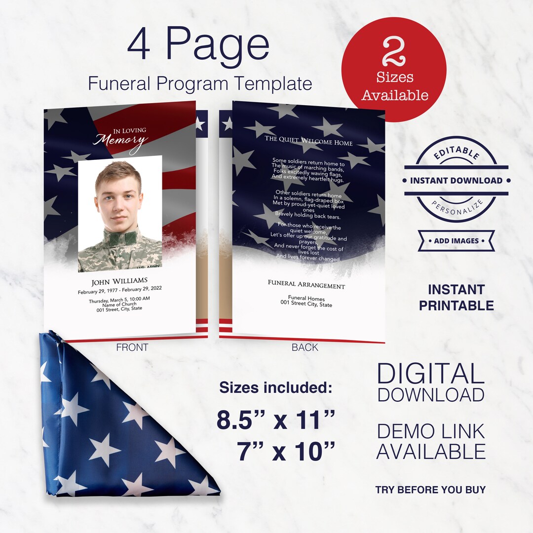 Veterans Patriotic Funeral Program Easy to Edit Printable Template With ...