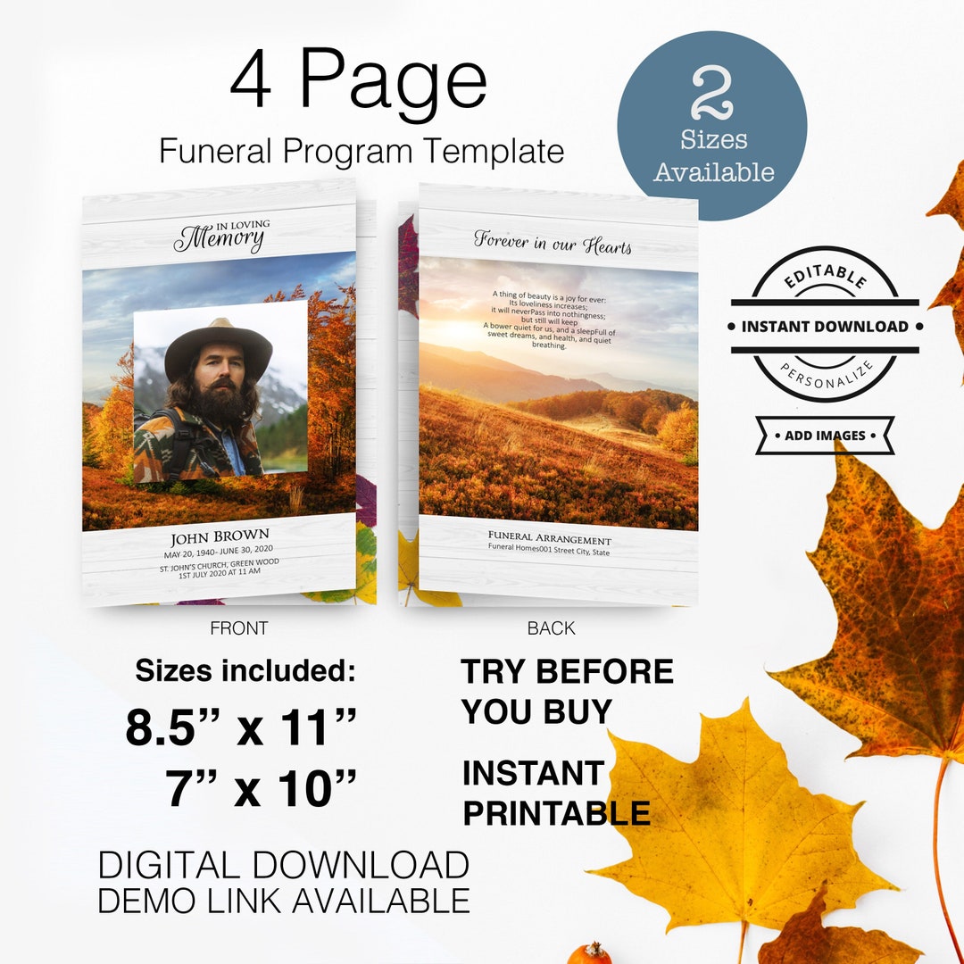 Editable Funeral Program Template Autumn Birch Forest Landscape Nature ...