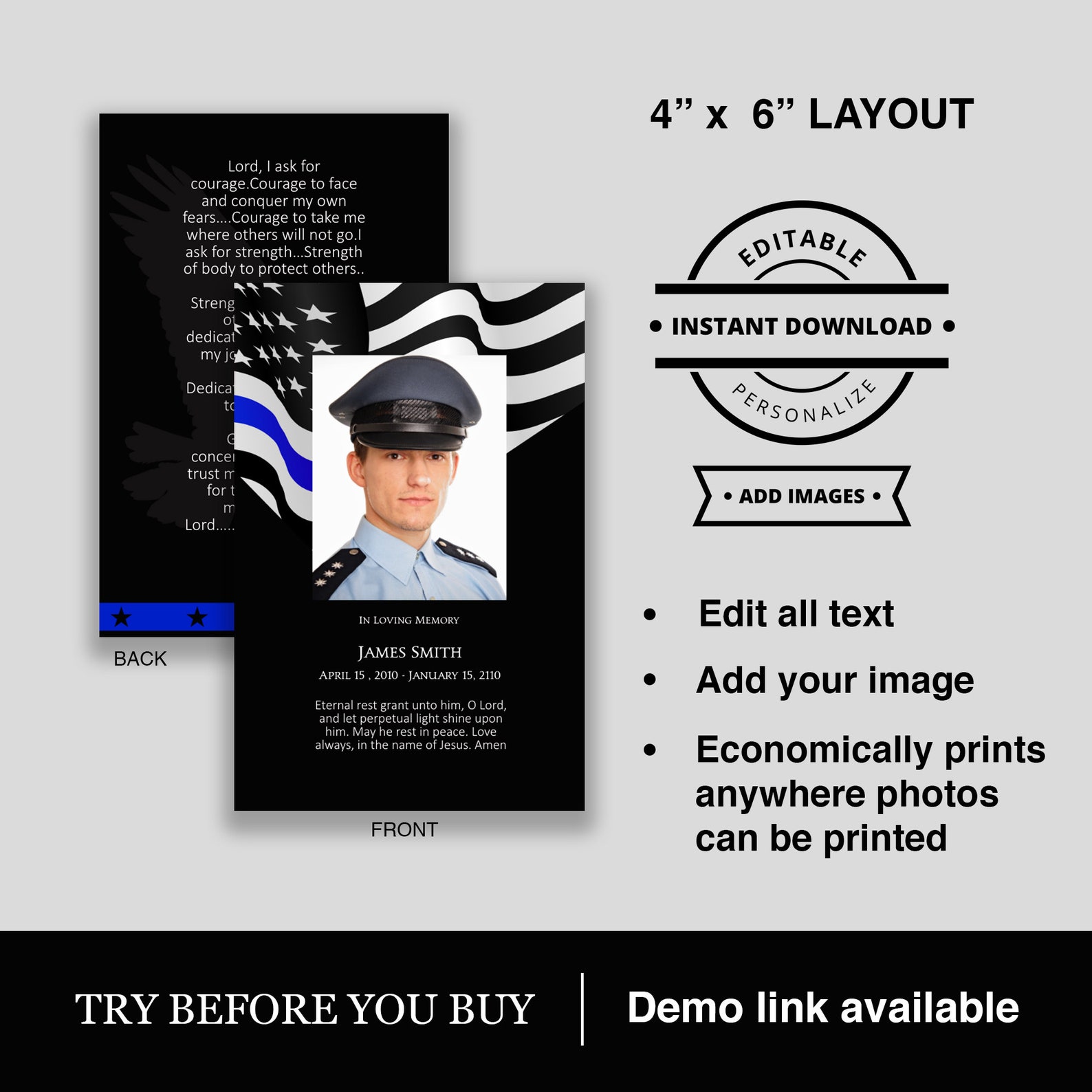 Editable Funeral Template Bundle Printable Policeman in Uniform Law ...