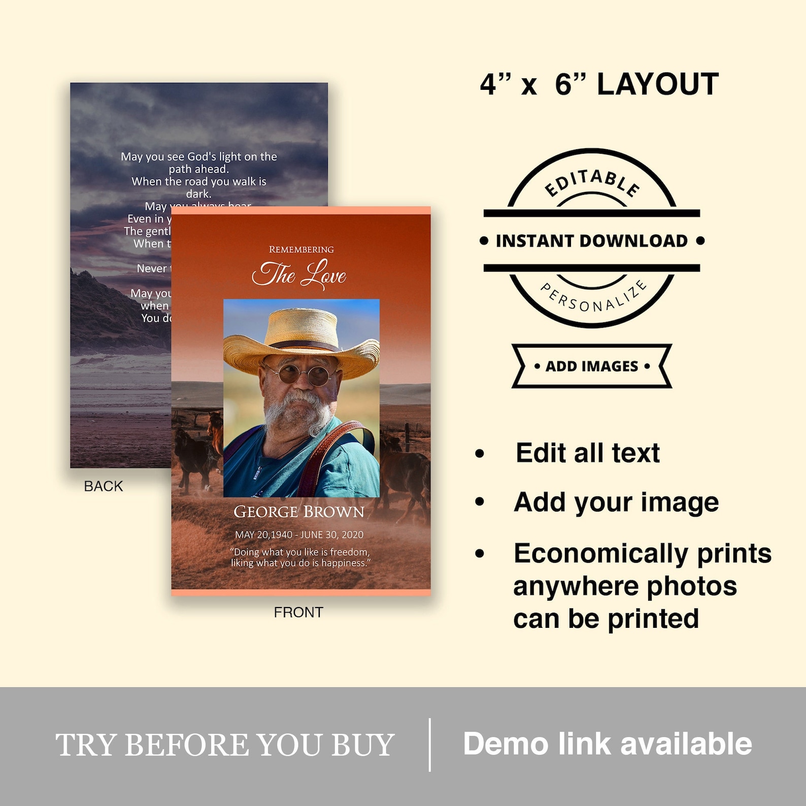 Printable in Loving Memory Cowboy Photo Funeral Prayer Card Order of ...