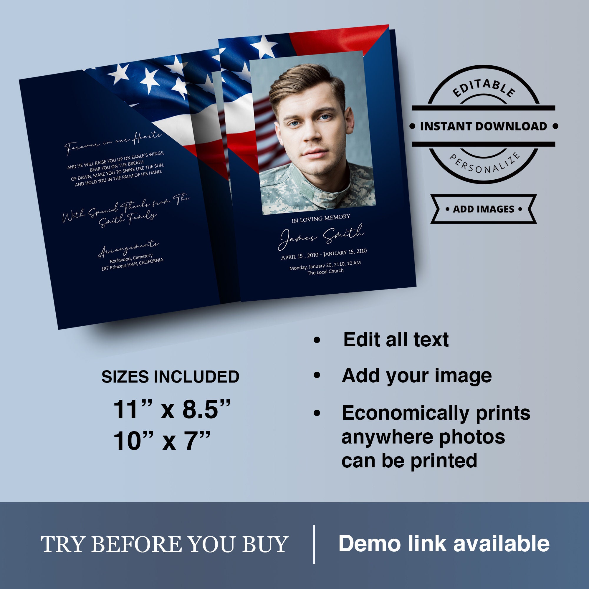 Veterans Patriotic Funeral Program Easy to Edit Printable Template With ...