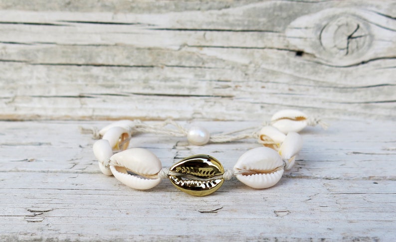 White and Gold Cowrie Choker, Shell Choker, Cowrie Shell Bracelet, Gold ...