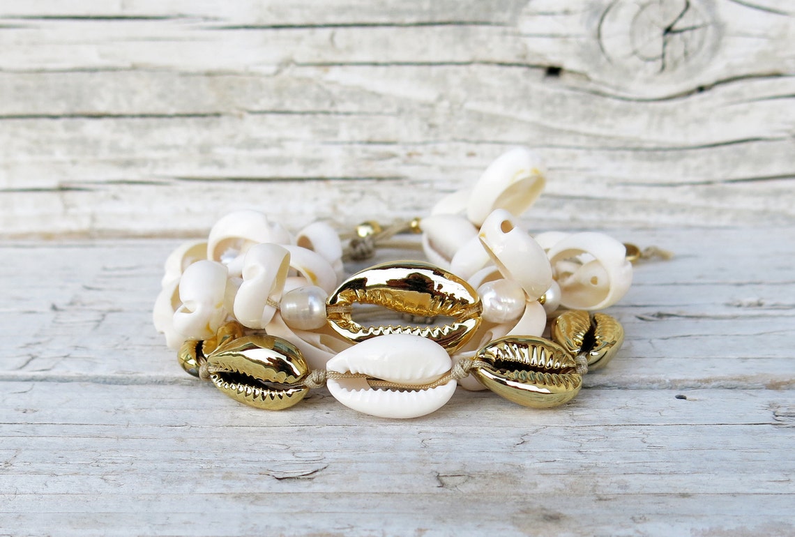 Cowrie Shell Double Bracelet Freshwater Pearl Bracelet White | Etsy