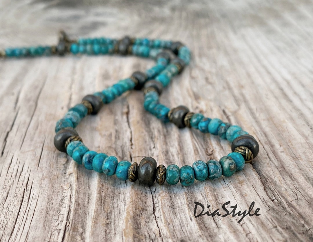 Men's Pyrite Beaded Necklace - Handmade Boho Dark Cyan Jewelry - Etsy