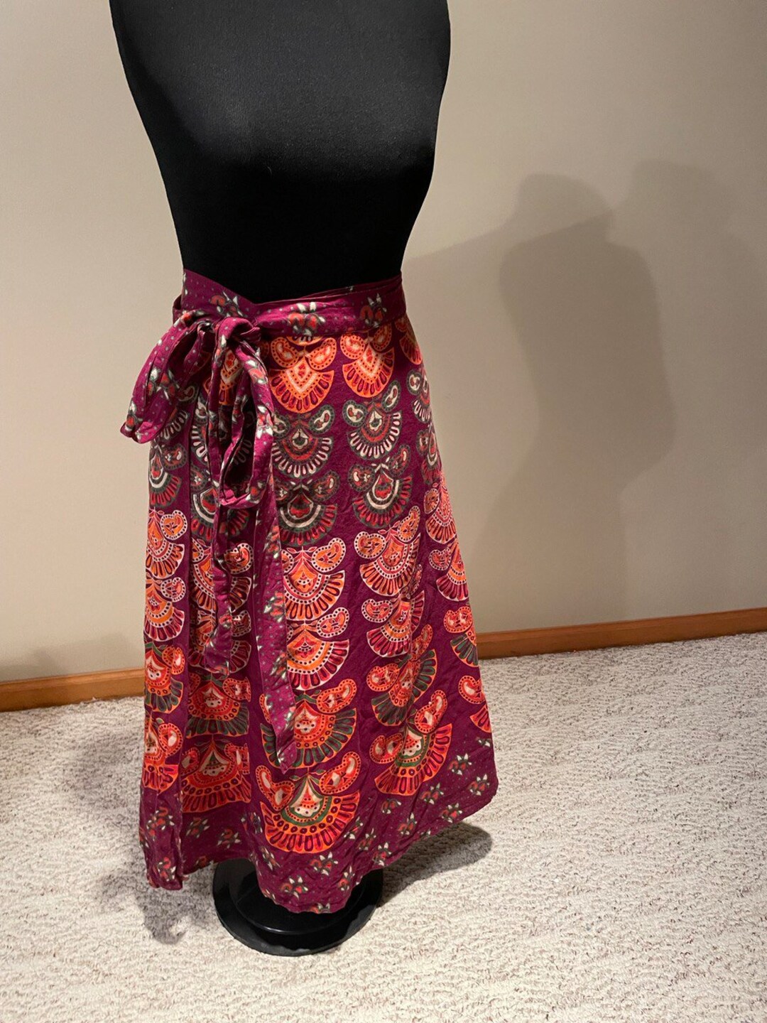 70s Boho Indian Fan Block Print Wrap Skirt Small to Medium | Vintage ...