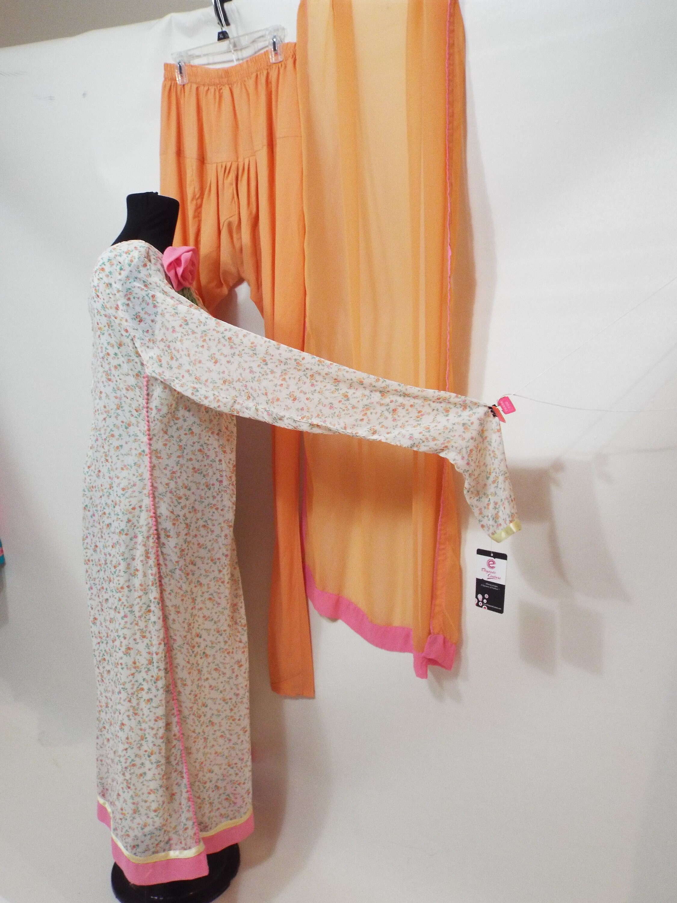 Ladies Long Shalwar Kameez off White Orange Green Flower Dress, Pants ...