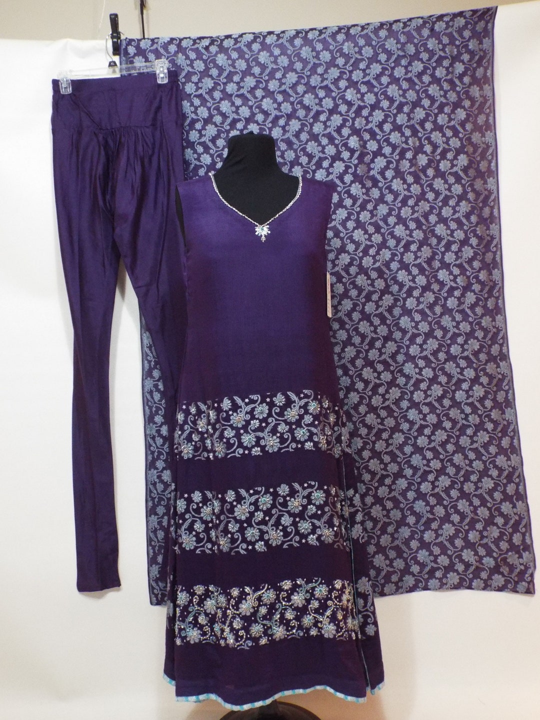 Ladies Shalwar Kameez Purple Silver Blue Chiffon Dress, Pants and Shal ...
