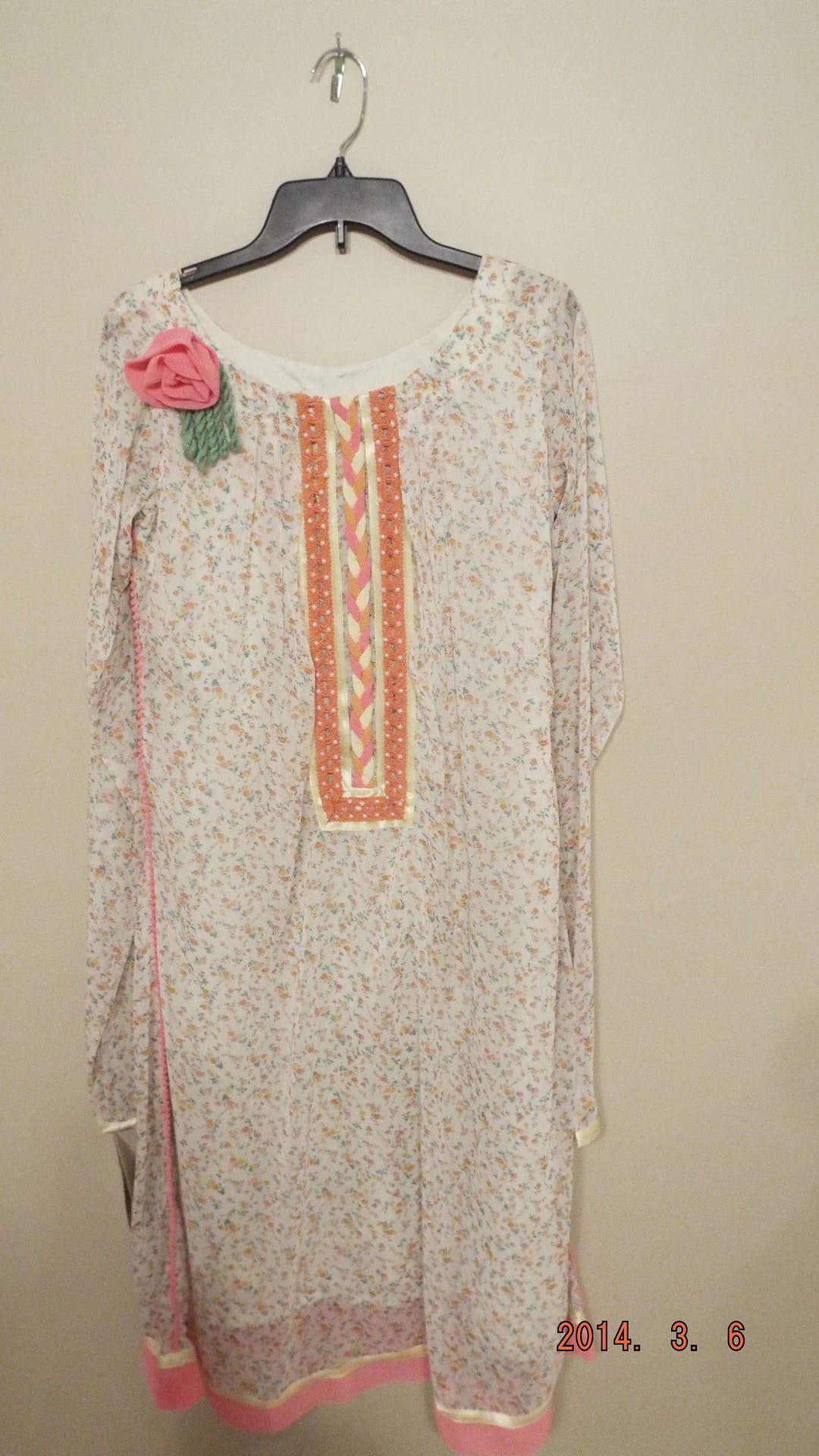 Ladies Long Shalwar Kameez off White Orange Green Flower Dress, Pants ...