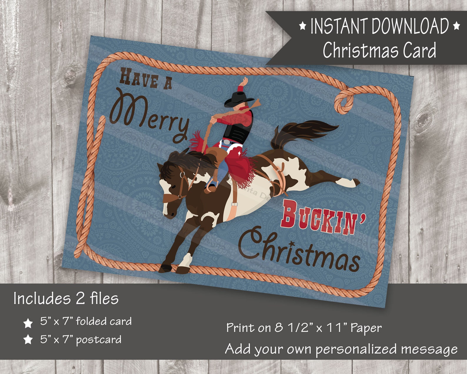Saddle Bronc Rider Christmas Card, Cowboy Rodeo Western Card, Printable ...