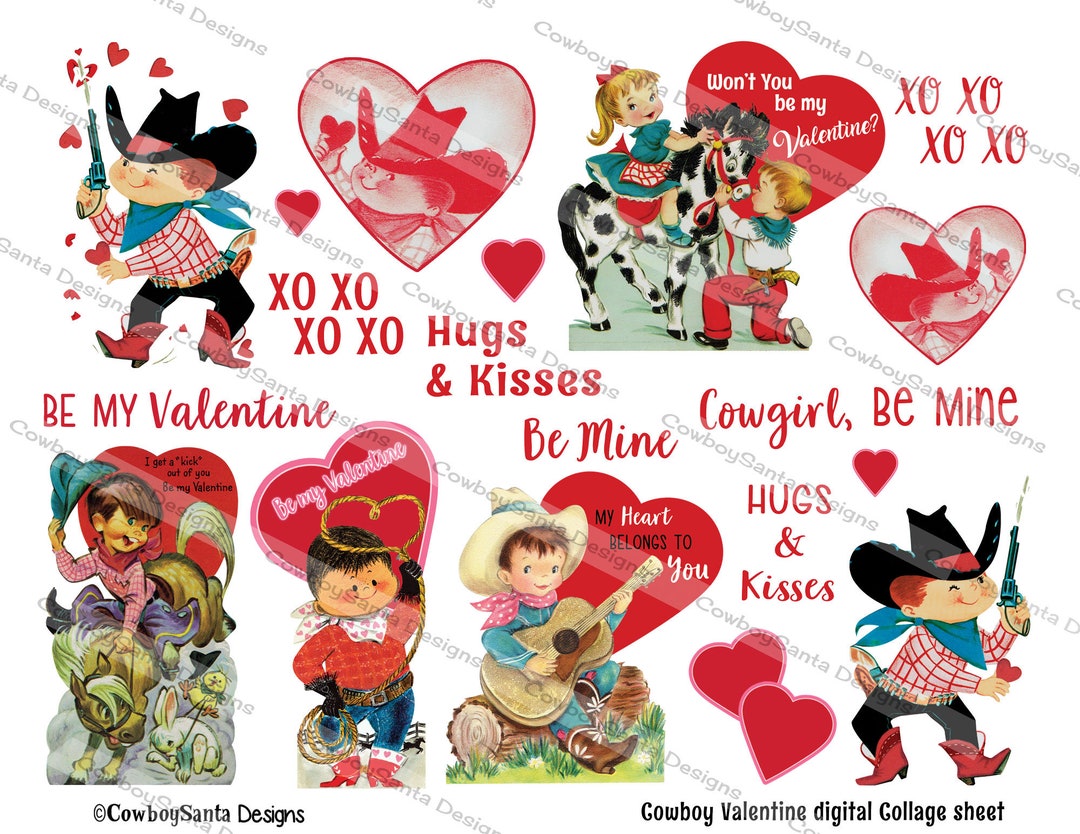 Vintage Retro Cowboy Kids Valentine Collage Sheet INSTANT DOWNLOAD ...