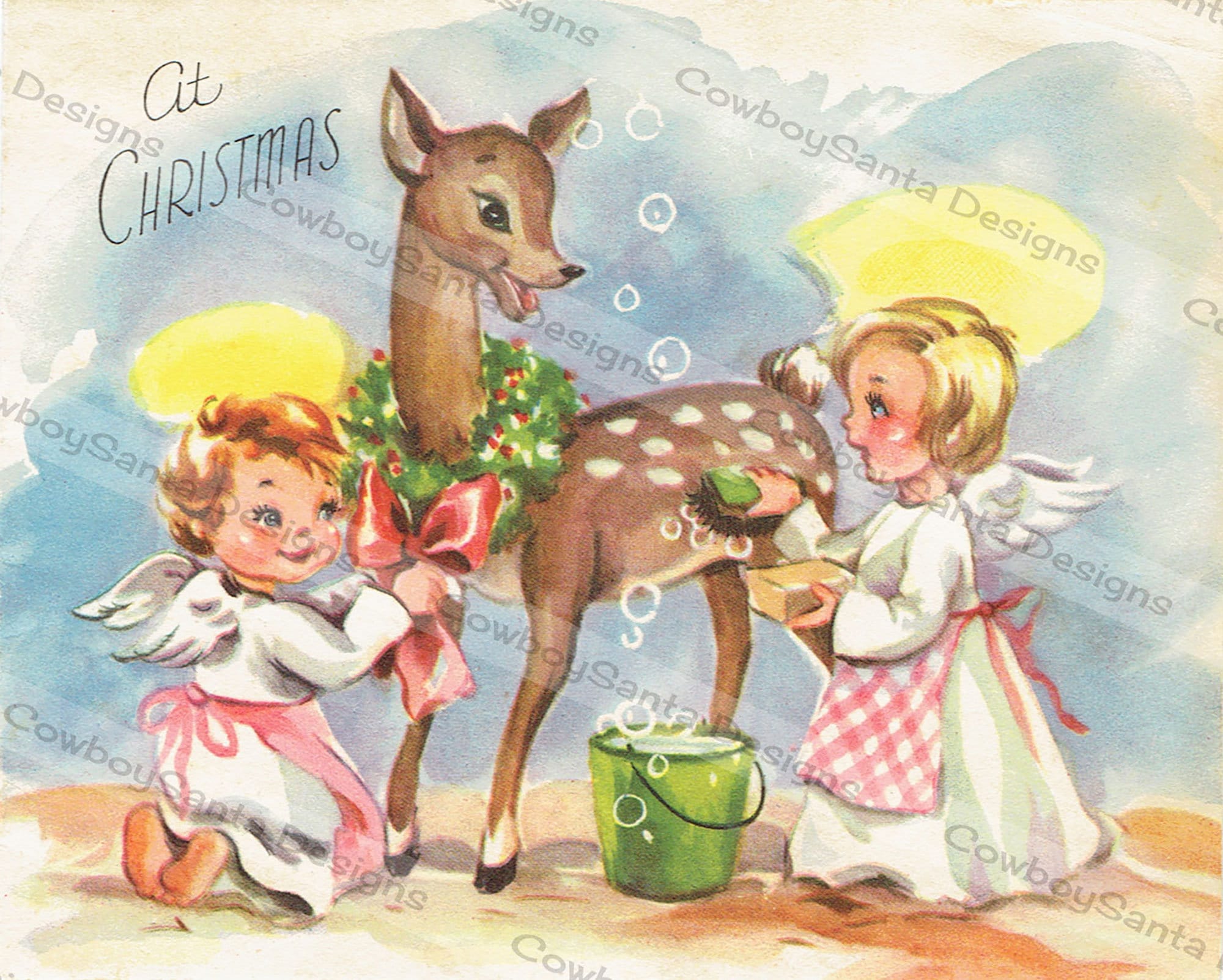 Vintage Retro Angels Washing Deer, Angels Riding Deer, Wreath | 2 ...