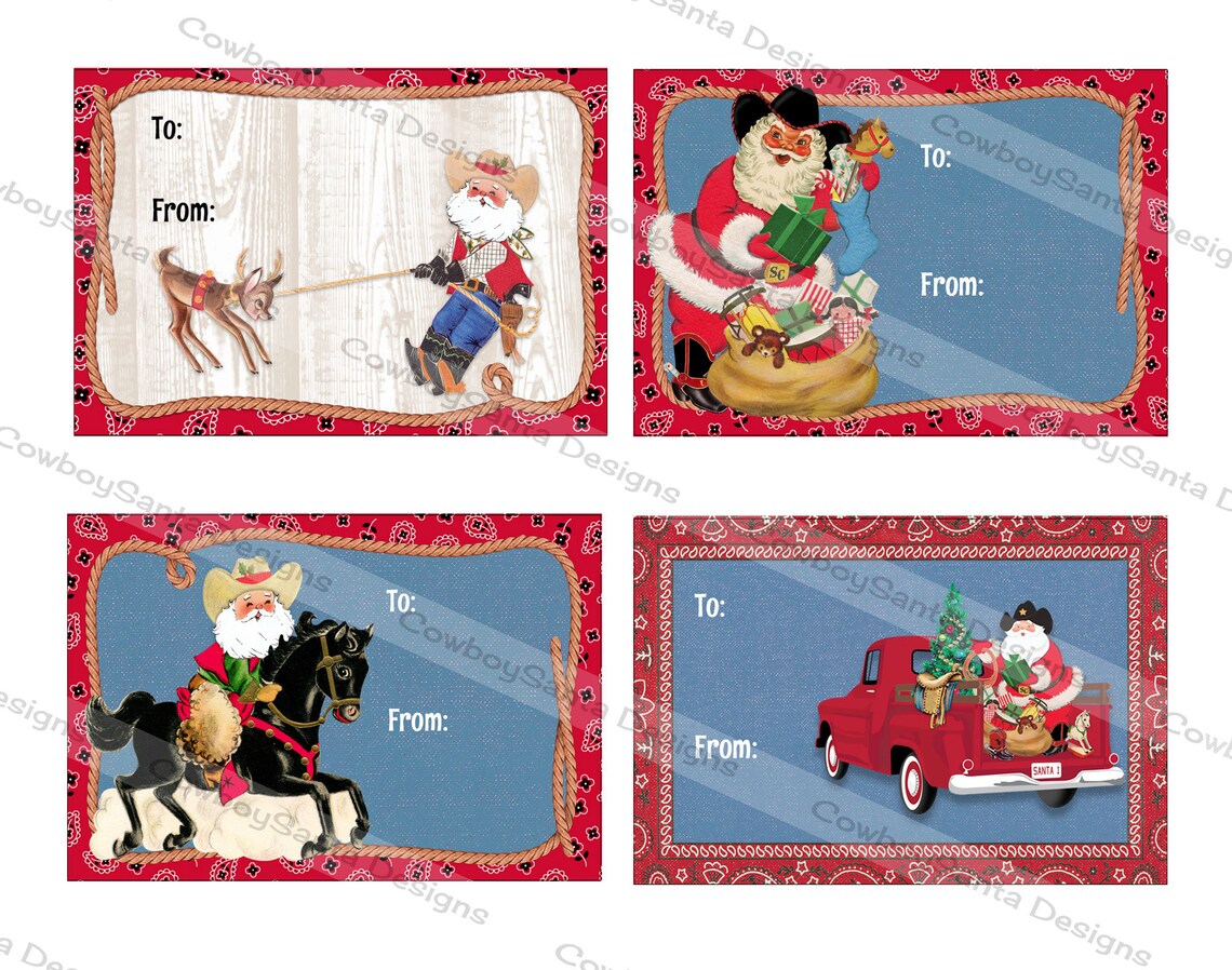 Vintage Retro Cowboy Santa Gift Tags Set 2 | Western Gift Tags ...