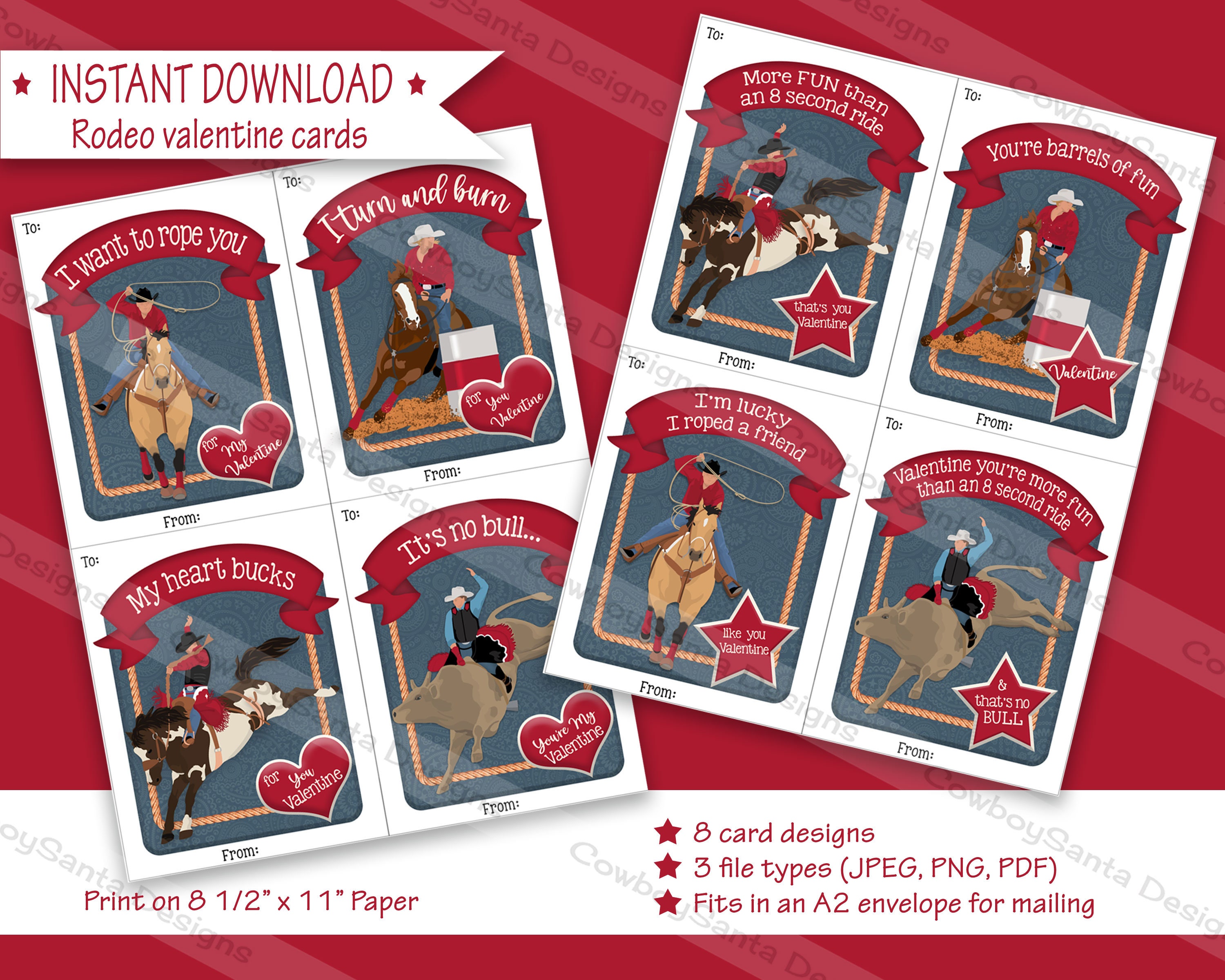 Rodeo Valentine Card Set of 8 | Cowboy, Cowgirl | INSTANT DOWNLOAD ...