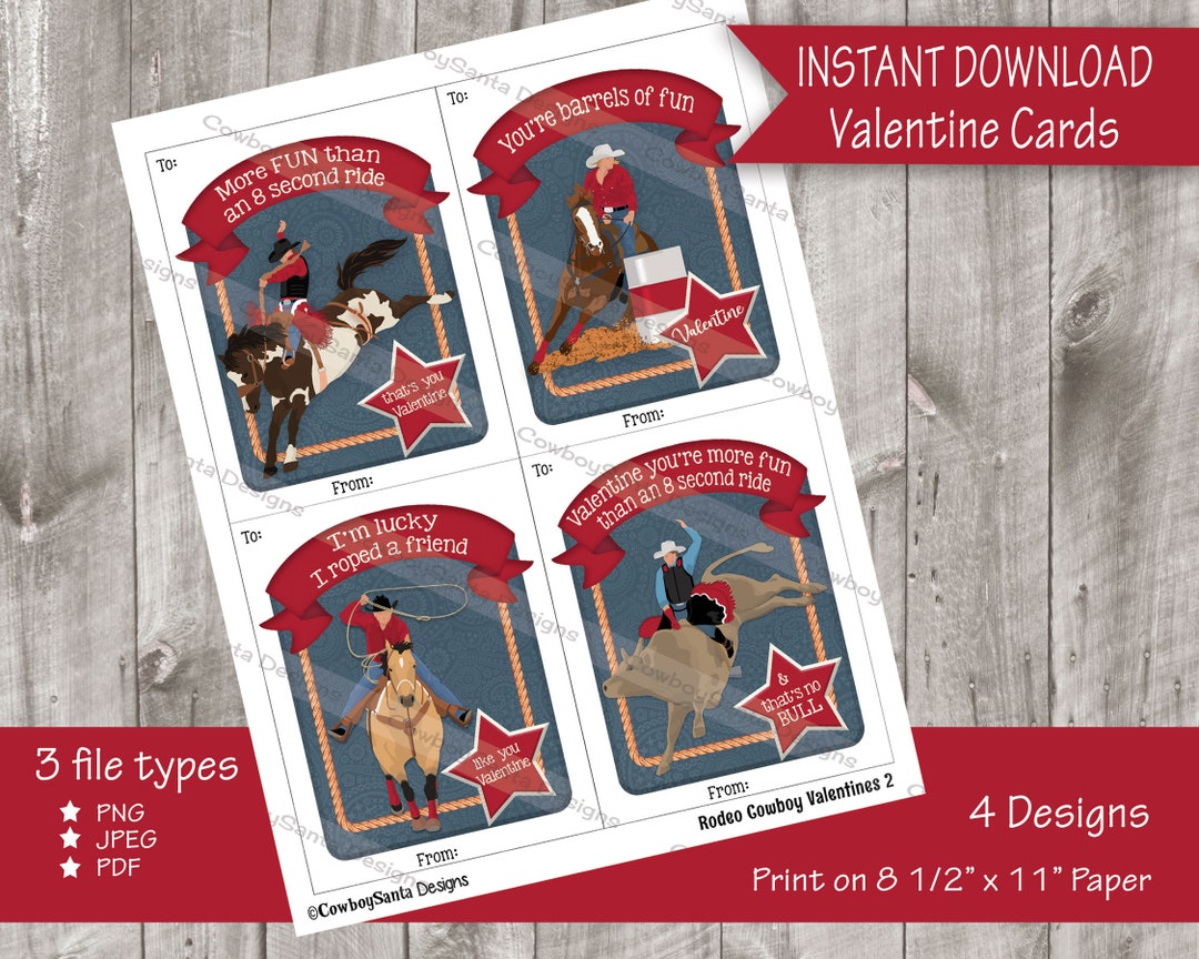 Rodeo Valentine Card Set of 4 | Cowboy, Cowgirl | INSTANT DOWNLOAD ...