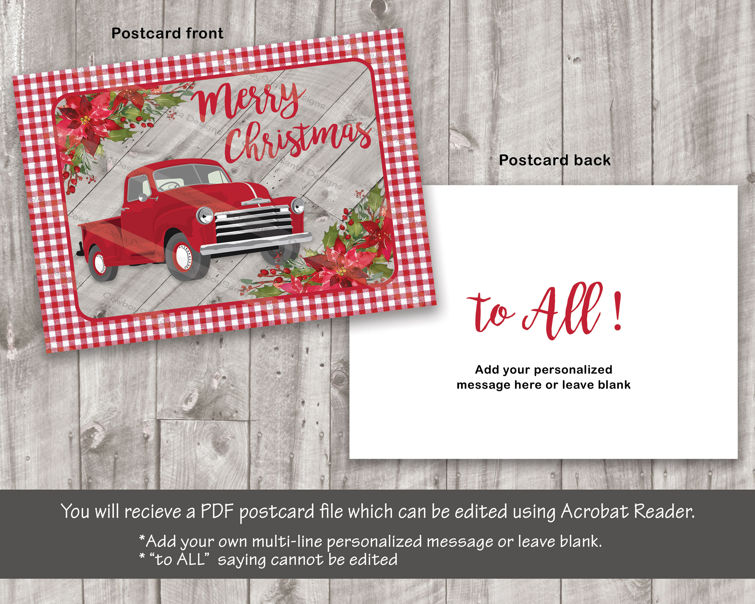 Red Truck Christmas Card, Gingham, Farm Card, Printable Christmas Card ...