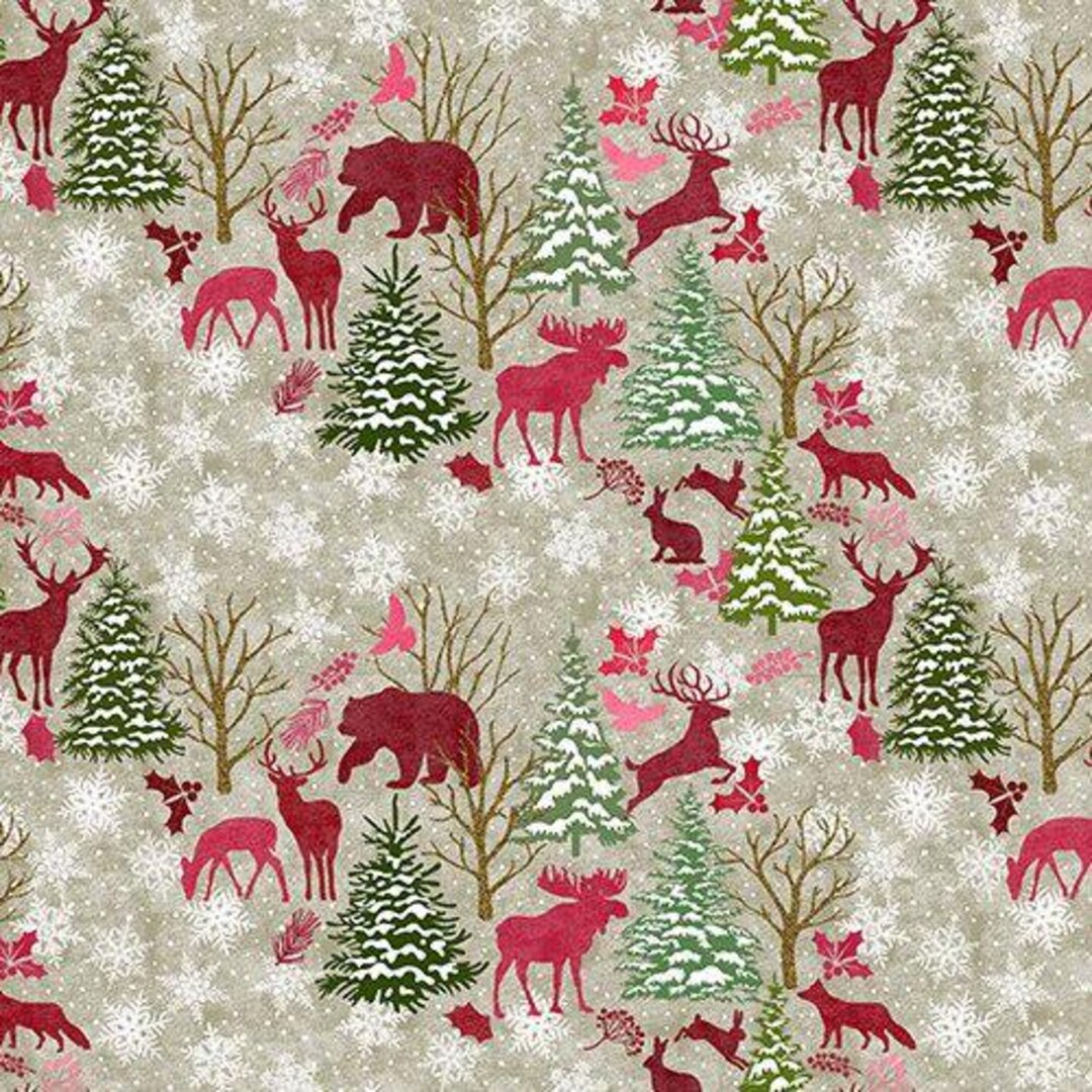 ITB Jason Yenter Nature's Winter Forest Animals Red ~ 100% Cotton ...