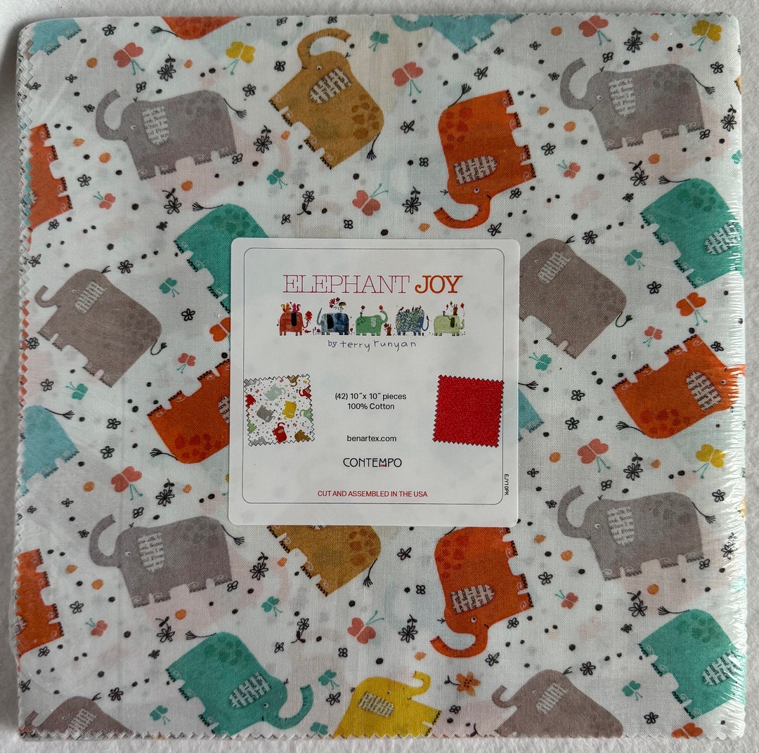 Benartex Elephant Joy ~ Pre-cut Layer Cake of 42 ~ 10" Squares ~ 100% ...