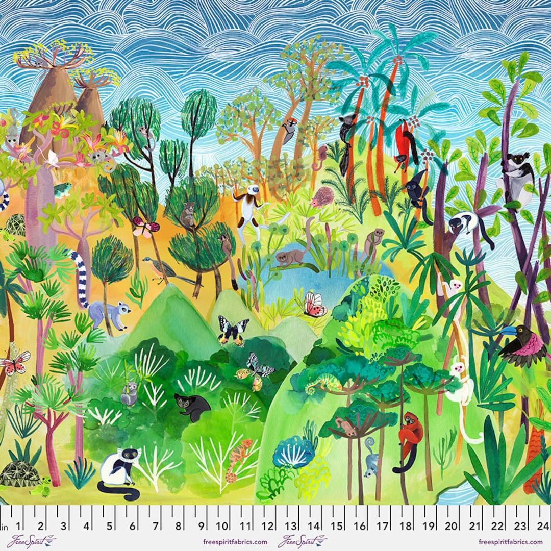 Lemur Fabric ~ Katy Tanis Madagascar Adventure PANEL 24" X 44" by ...