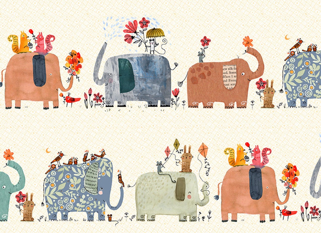 Benartex Elephant Joy Border Stripe in Light Yellow / Multi by Terry ...