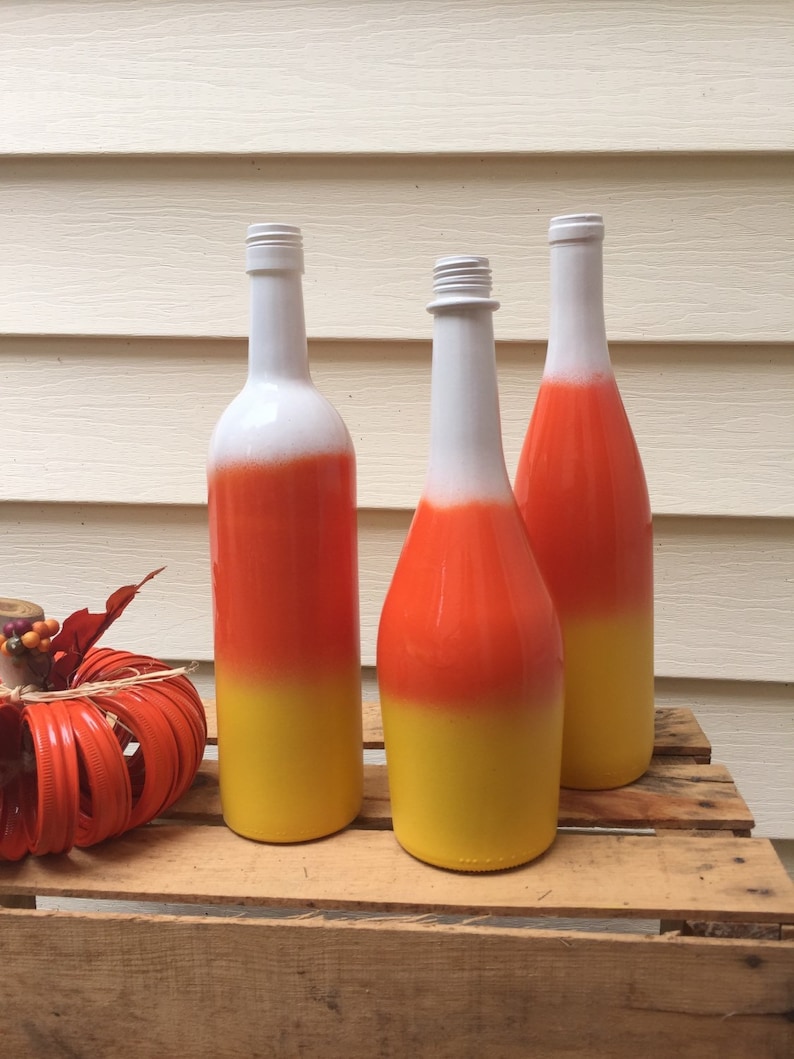 Candy Corn Wine Bottles, Fall Decor, Halloween Decorations, Fall ...