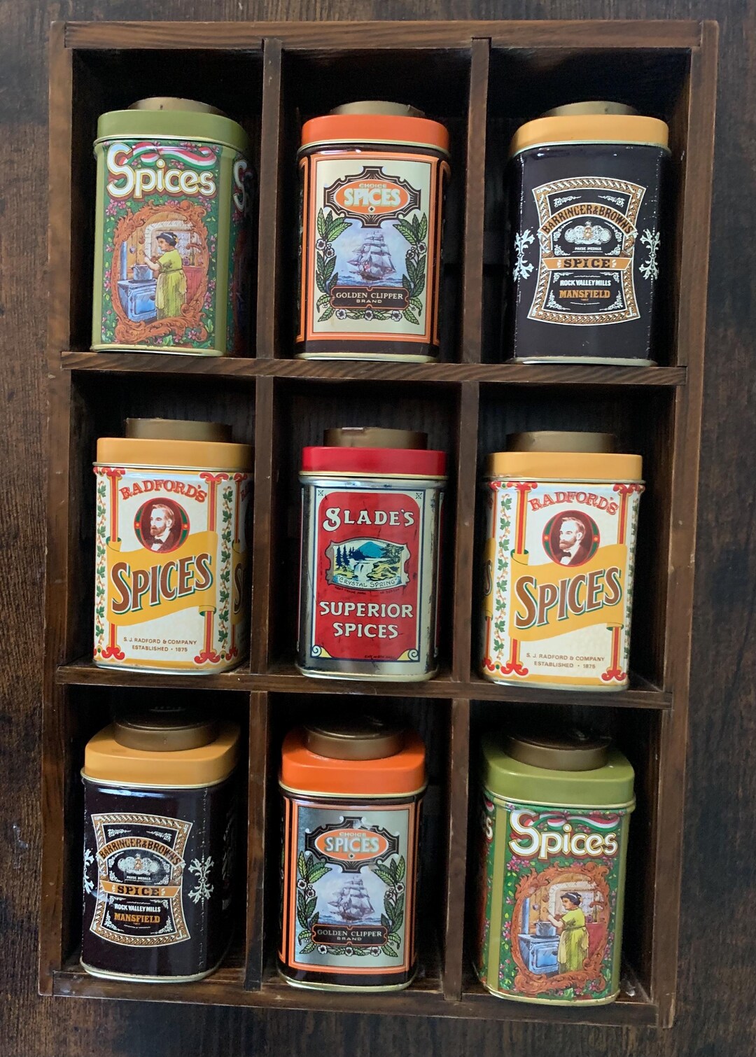 Vintage Case Mfg. NY, Spice Set of 9 Metal Spice Containers and Wood ...