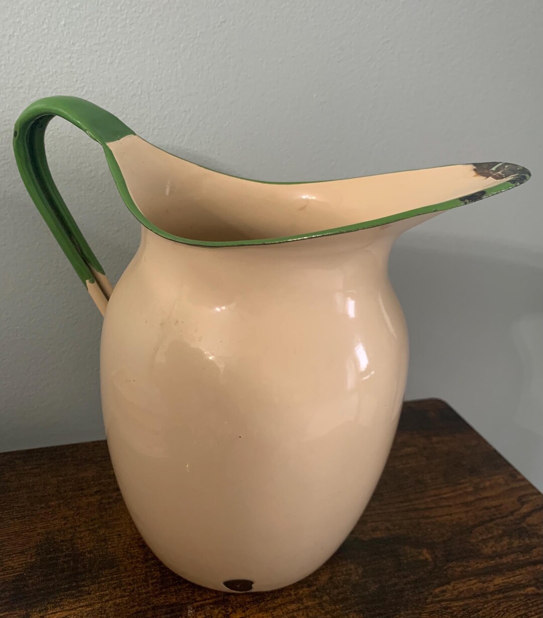 Vintage Cream and Green Enamelware Water Pitcher, Kitchen Decor ...