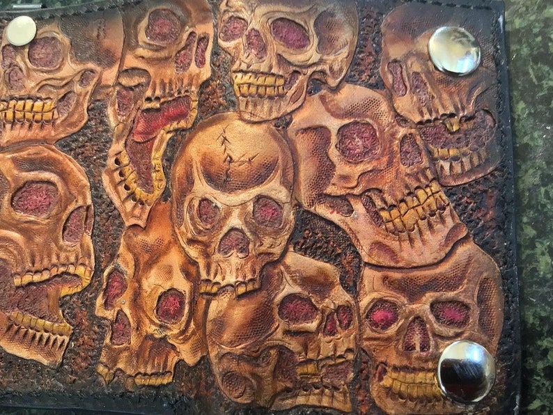 Custom Tri- Fold Hand Tooled Skull Wallet - Etsy