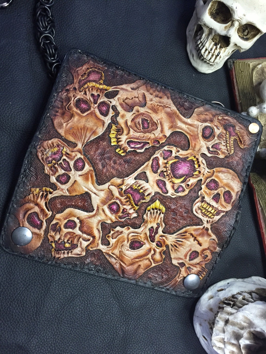 Hand Tooled Custom Melting Skull 2 Snap Biker Wallet - Etsy