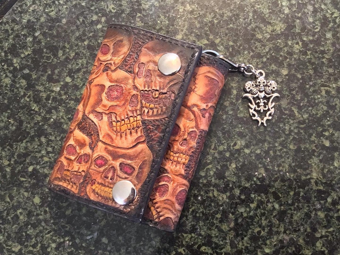 Custom Tri- Fold Hand Tooled Skull Wallet - Etsy