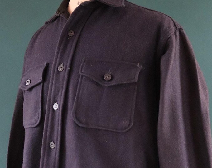 Vintage 1960s 60s Sport King Plain Navy Blue Wool CPO Shirt Jacket Hunting Hiking 48” Chest ...