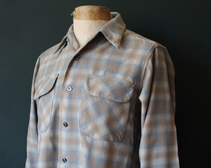 Vintage 1980s 80s Pendleton Wool Shirt Sky Blue Grey Plaid Checked ...