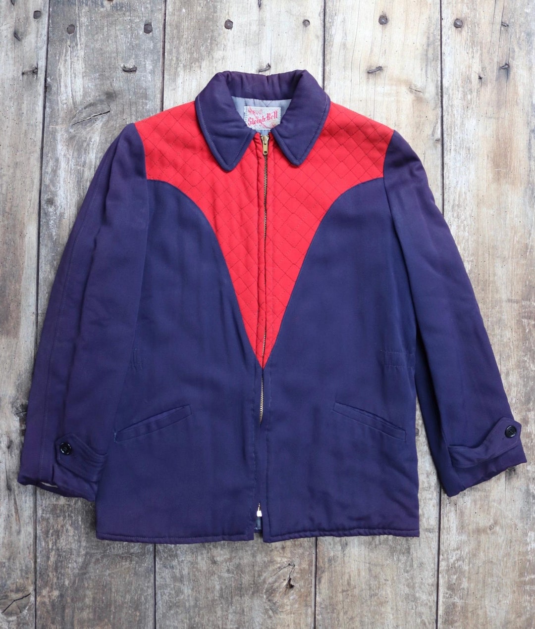 Vintage 1950s 50s Sleigh Bell Red Blue Quilted Rayon Gabardine Ricky ...