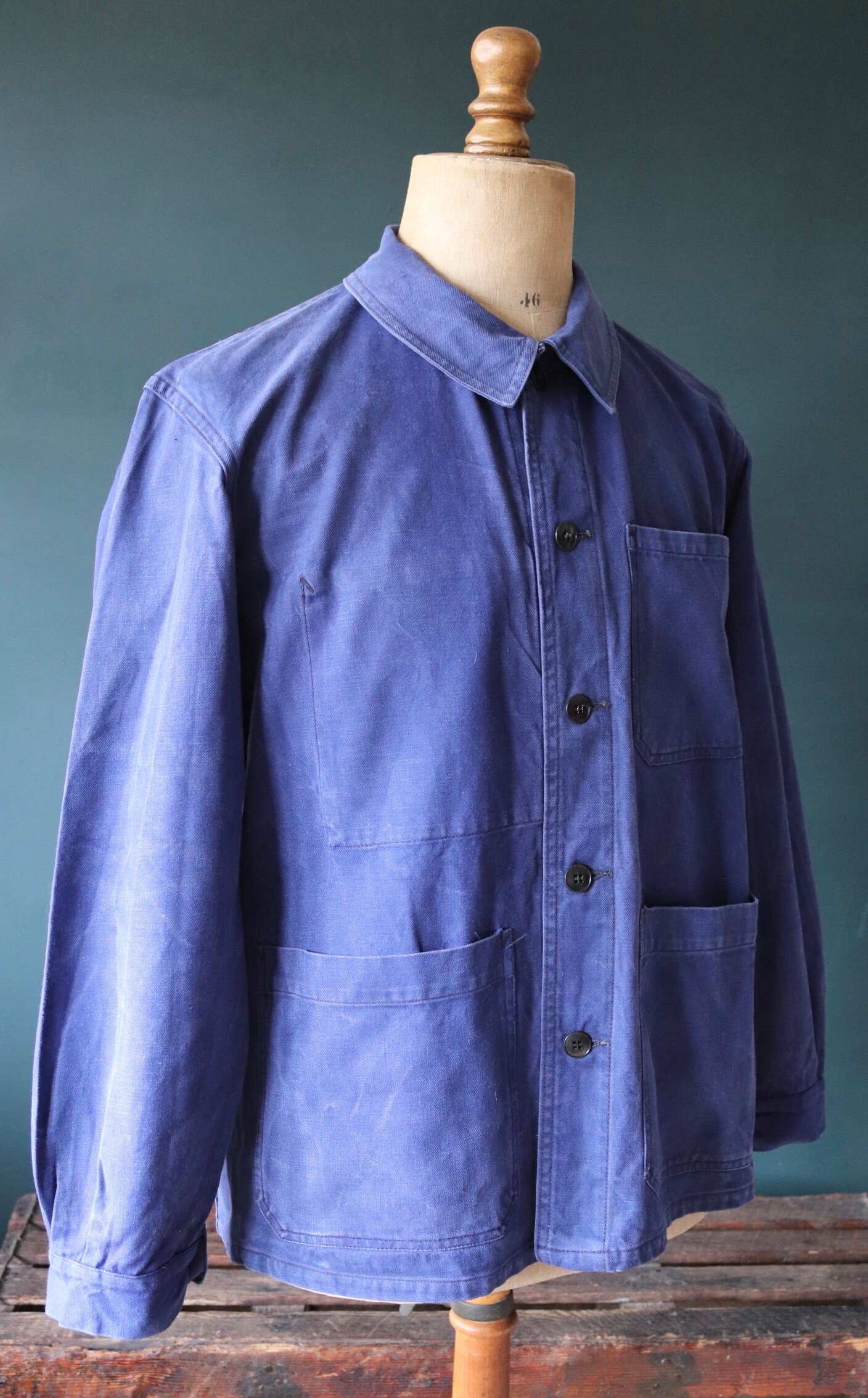 Vintage 1960s 60s French blue work jacket workwear chore faded 45 ...