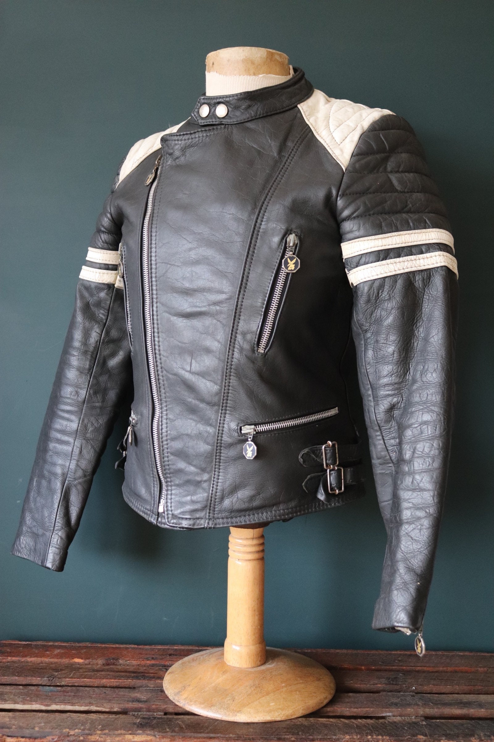 Vintage 1980s 80s French black white leather cafe racer jacket 36 ...