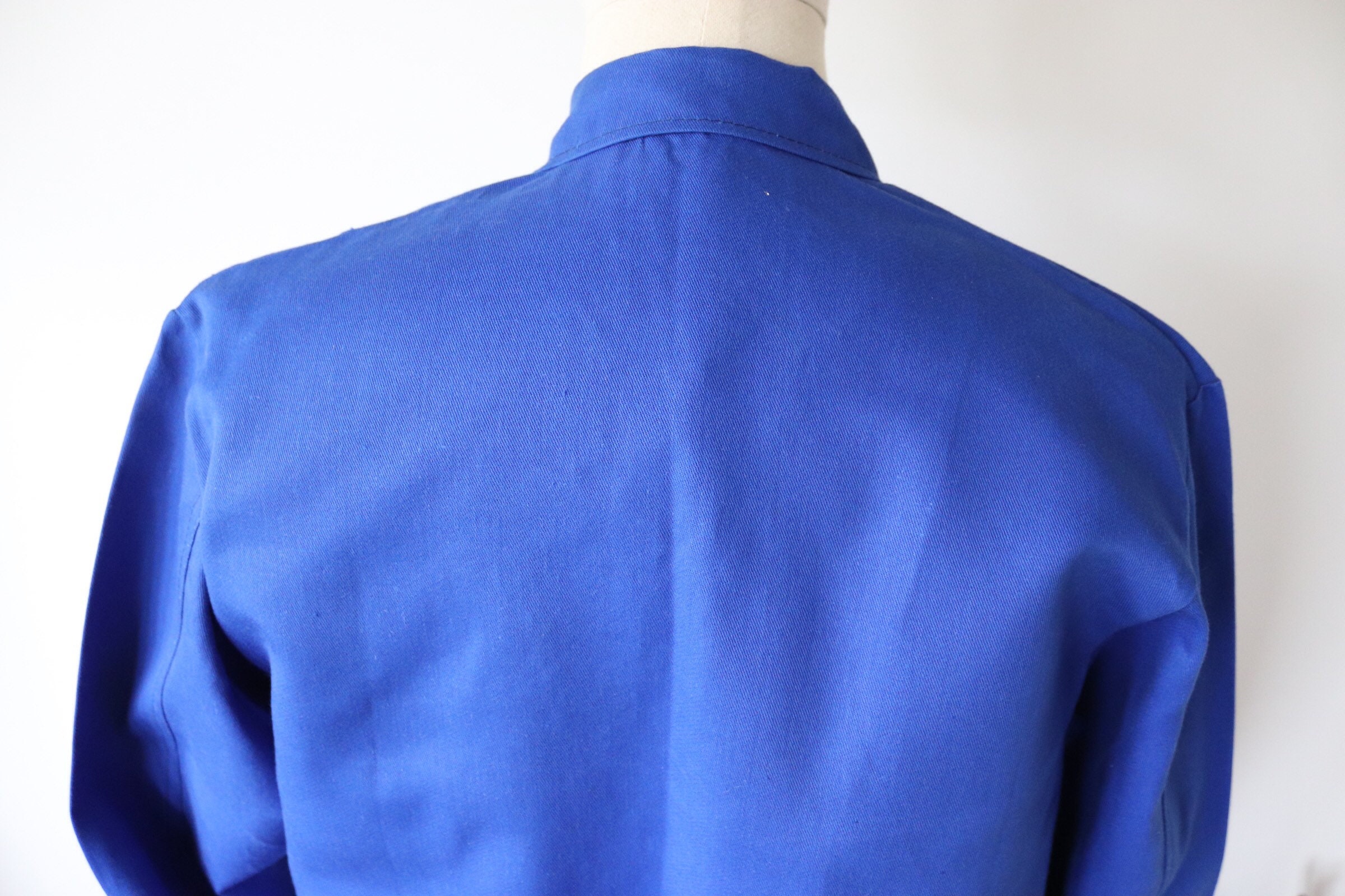 Vintage 1980s 80s french bleu de travail blue cotton twill long chore ...