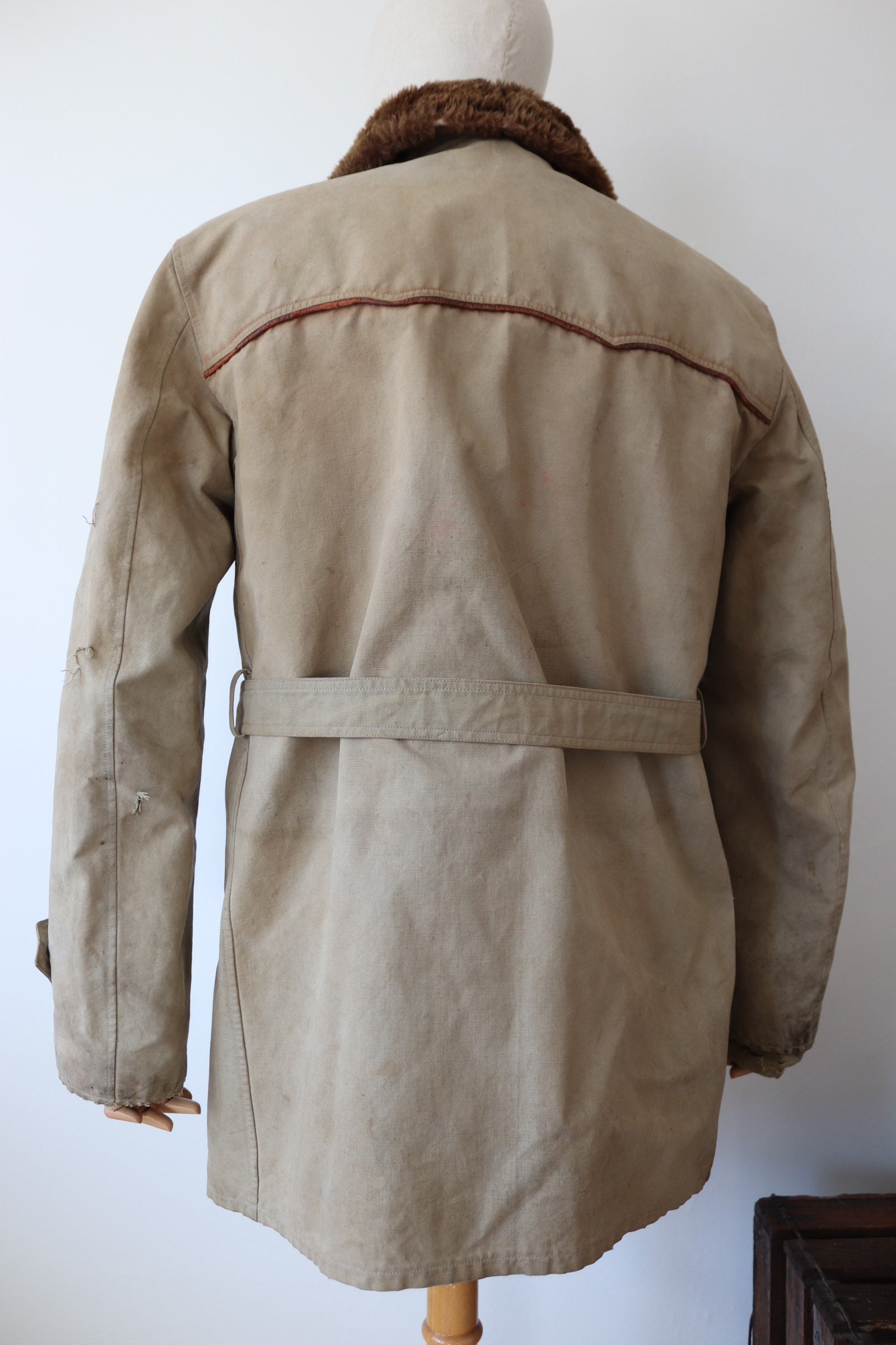 Vintage 1940s 40s french brown cotton canvas shearling sheepskin ...