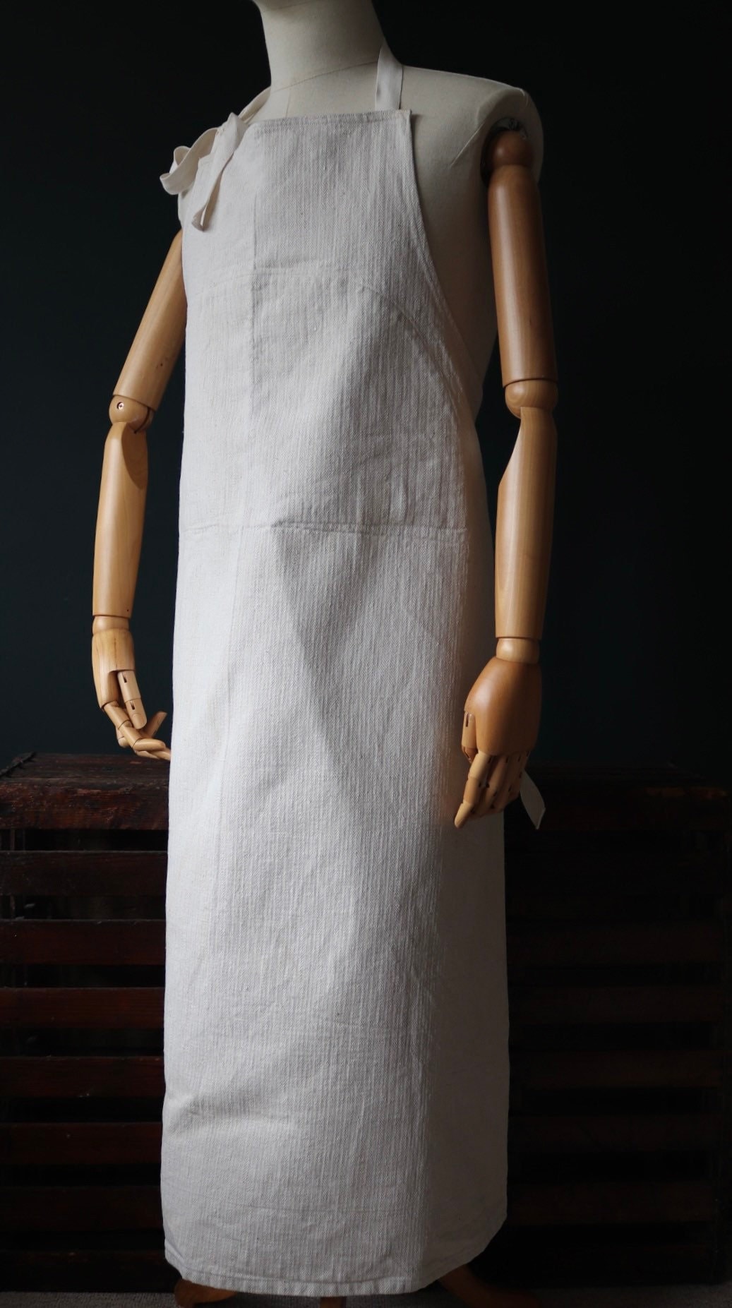 Vintage 1950s 50s French white herringbone linen butchers apron pinny ...