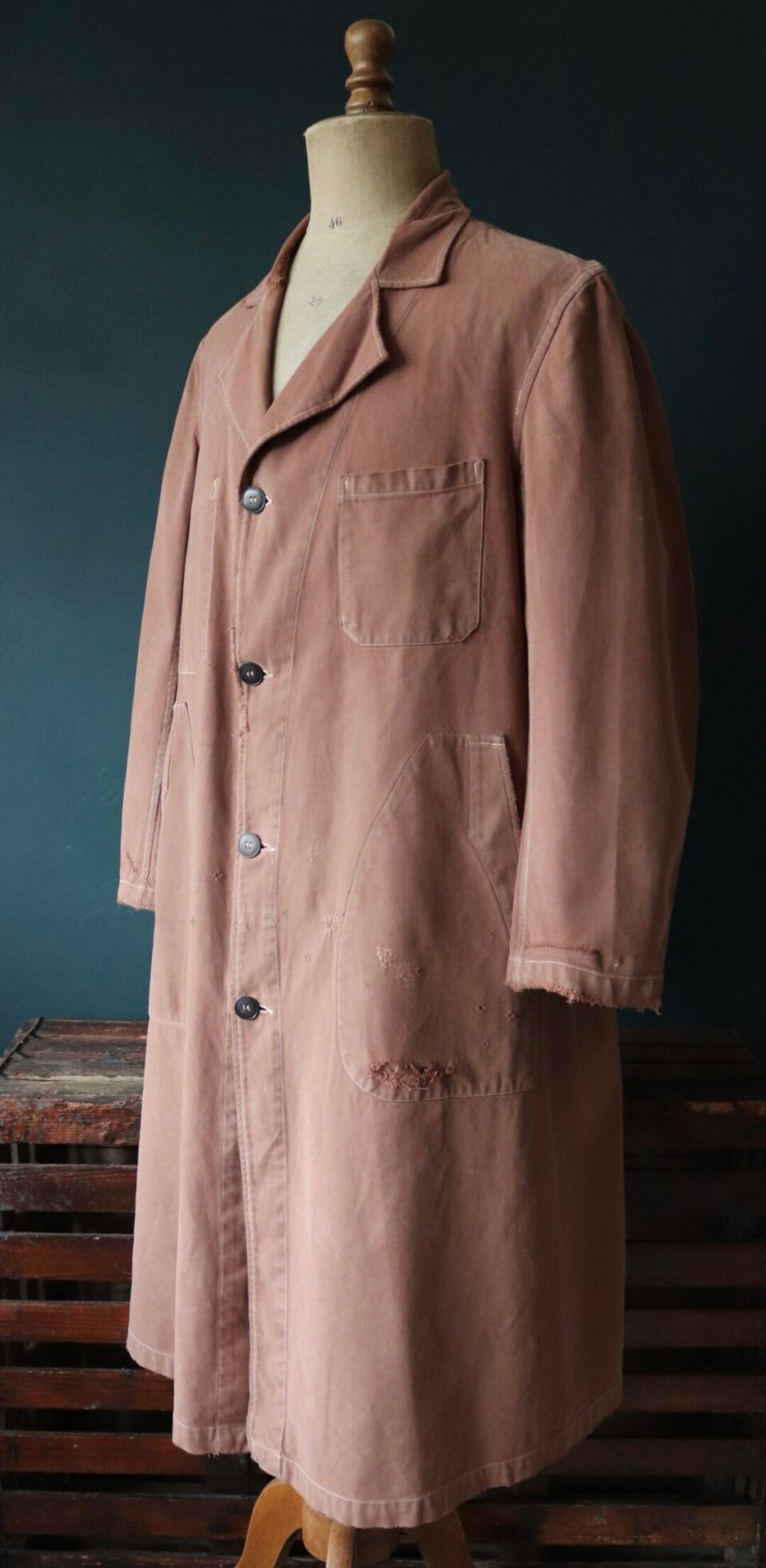 Vintage 1940s 40s 1950s 50s French Brown Long Work Coat Jacket Workwear ...