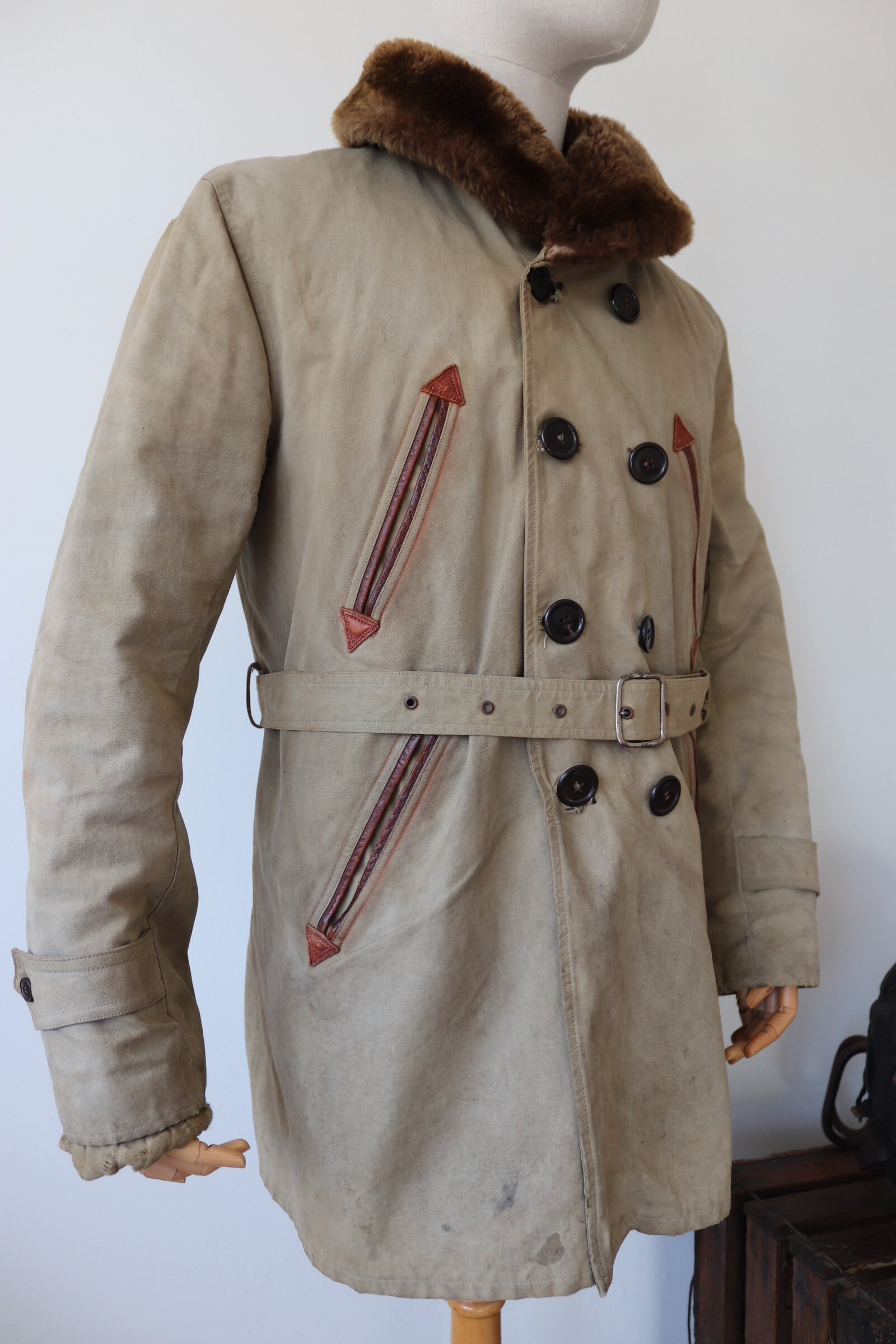 Vintage 1940s 40s french brown cotton canvas shearling sheepskin ...