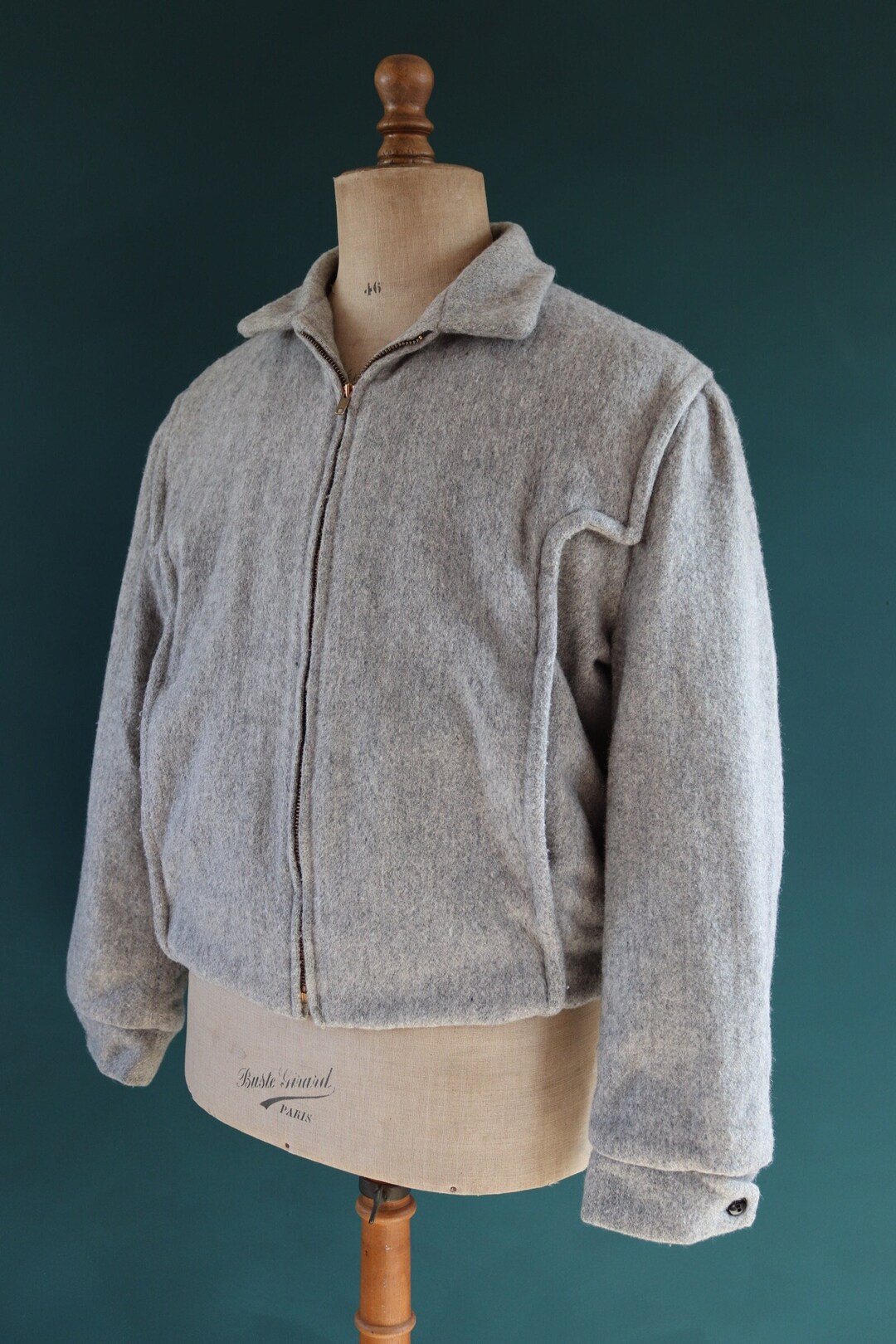 Vintage 1950s 50s 1960s 60s Plain Grey Wool Ricky Jacket 50 Chest Talon ...