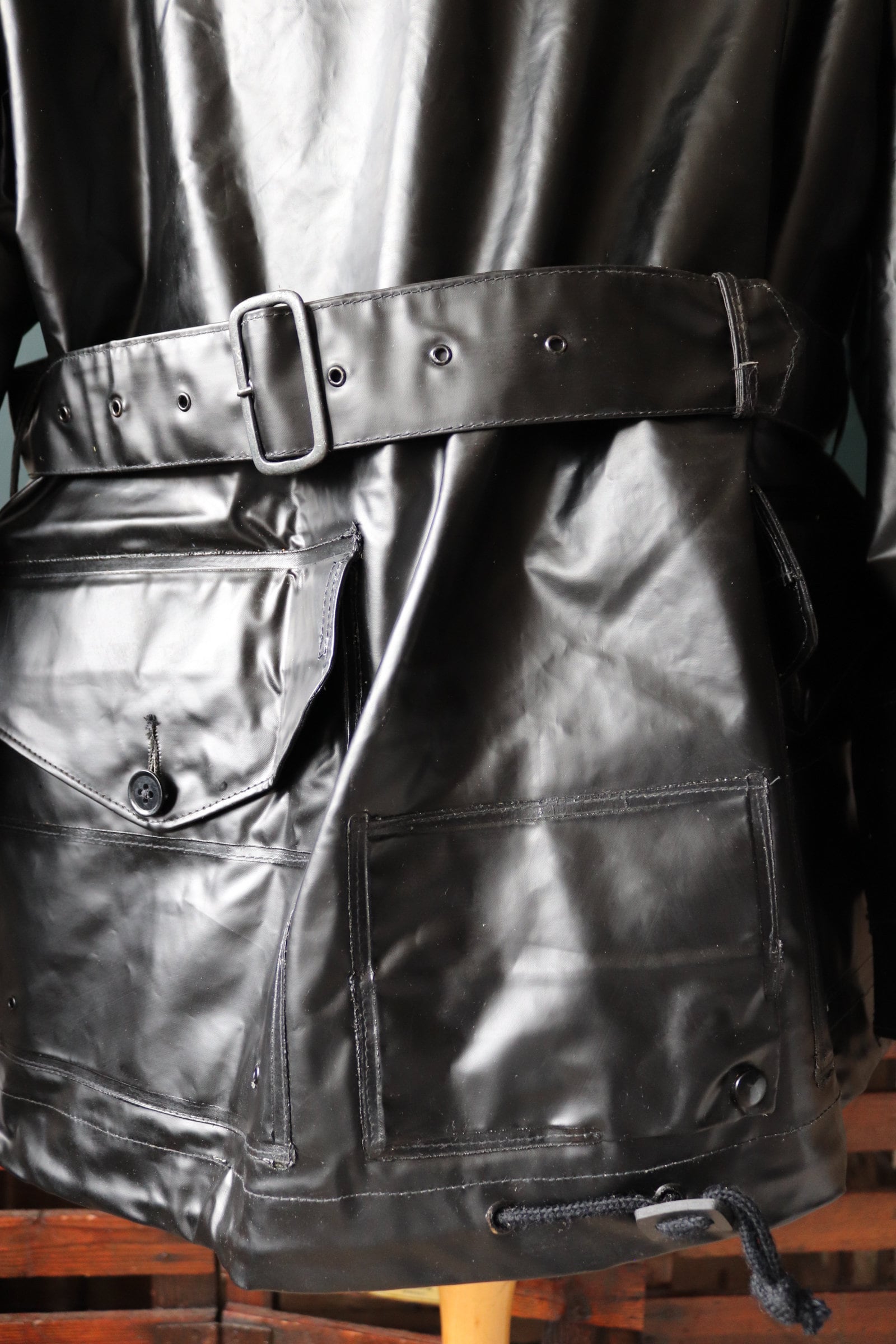 Vintage 1960s 60s black PVC British Royal Navy foul weather belted ...