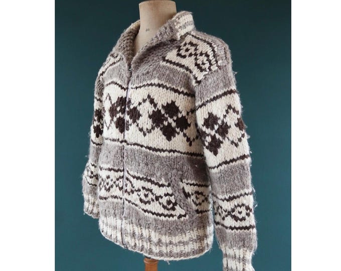 Vintage 1970s 80s Cowichan Wool Cardigan - Hand Knitted - Chunky Winter ...