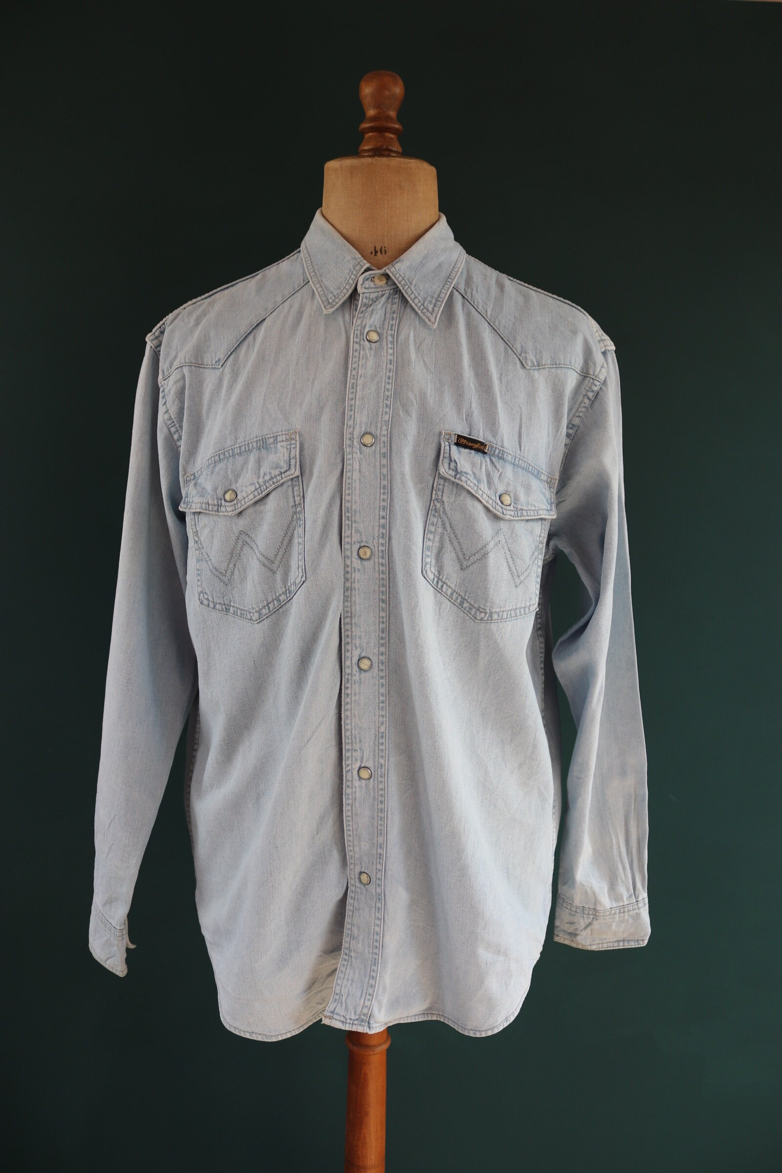 Vintage Wrangler pale blue chambray denim shirt cowboy western 48 chest ...