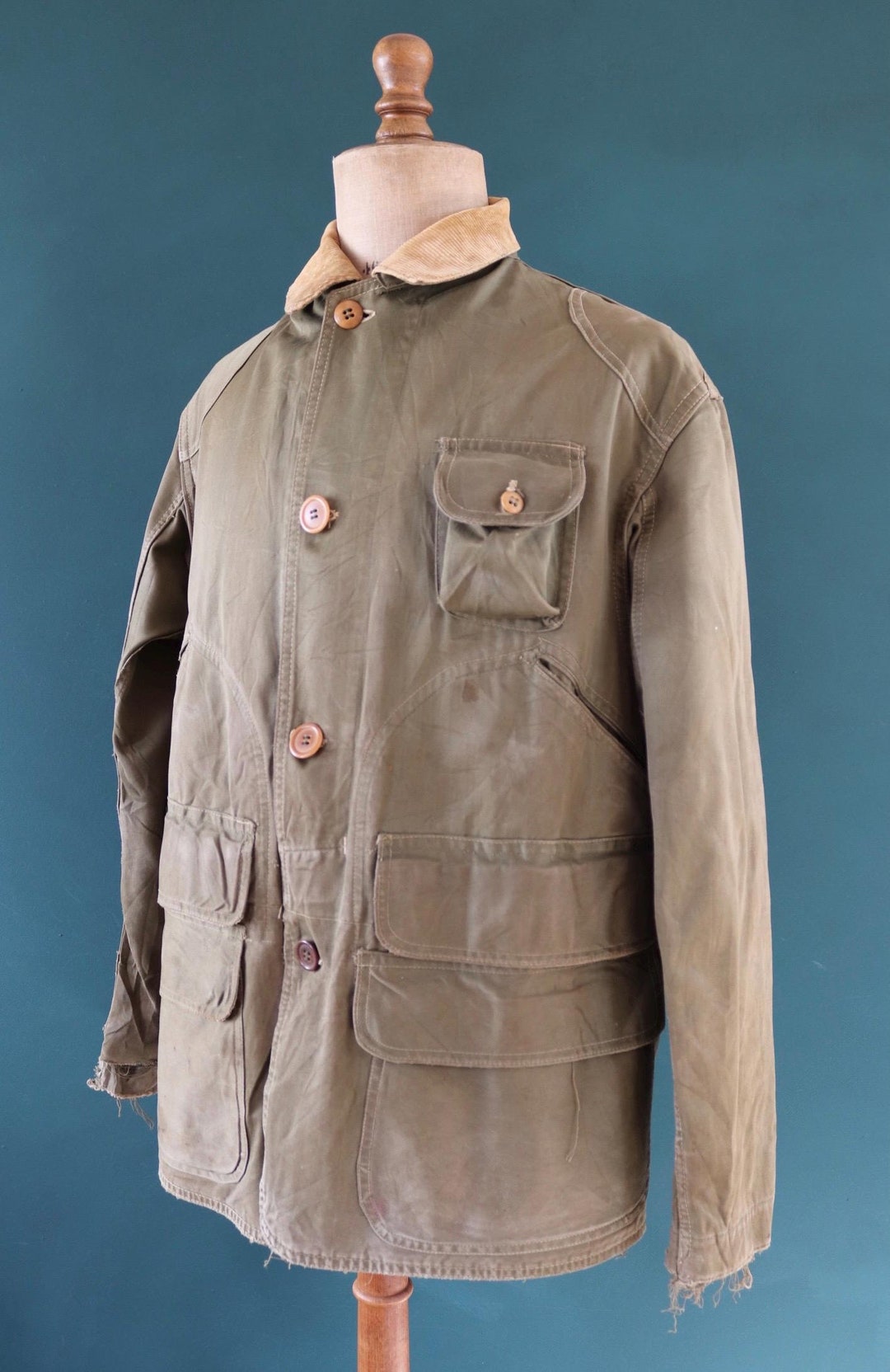 Vintage 1930s 1940s Hunting Jacket Green Khaki Sateen Cotton Canvas ...