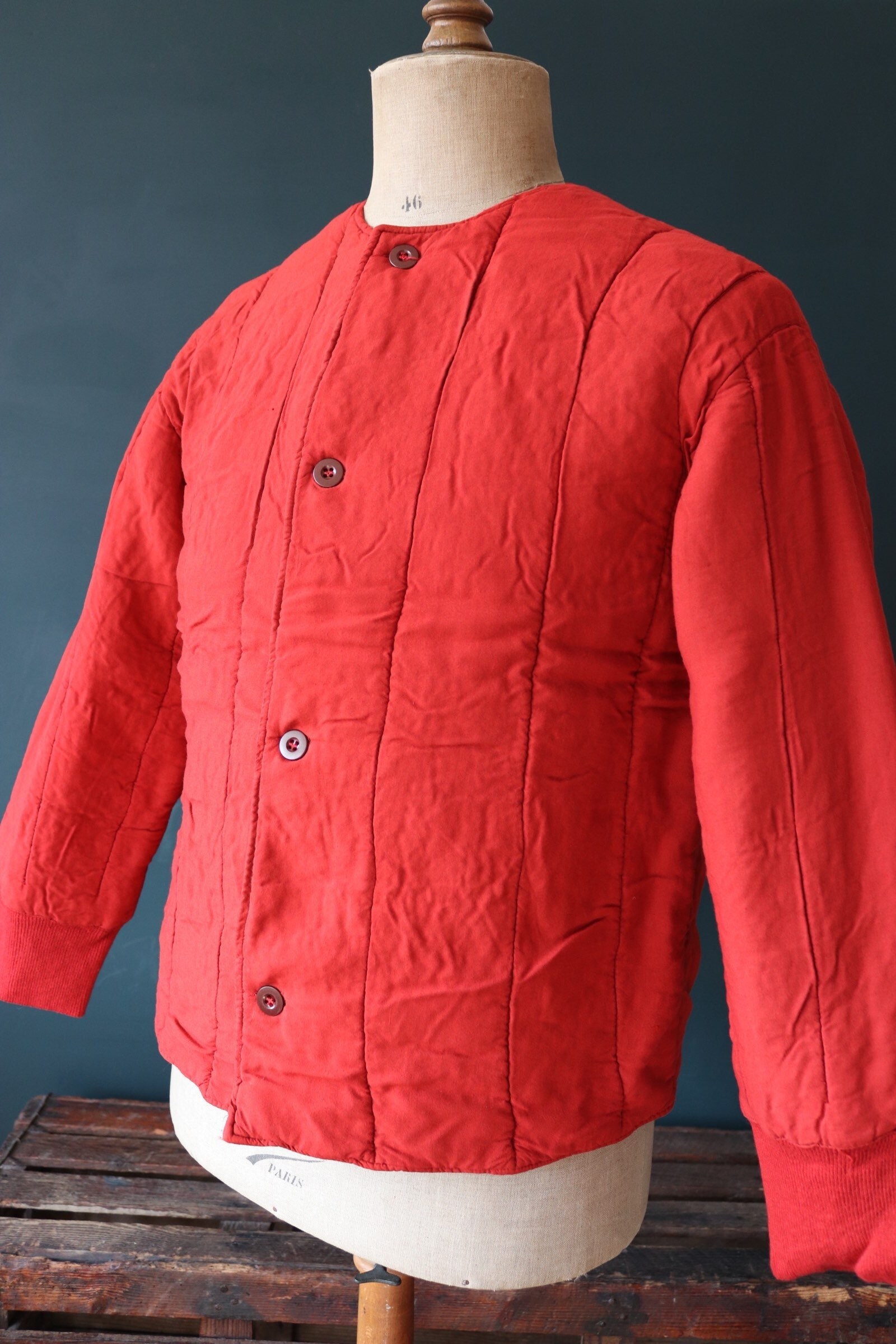 Vintage 1960s 60s tomato rust red Czech army tank liner quilted padded ...